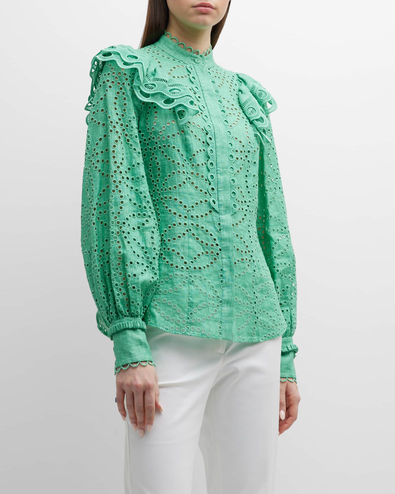 Maison Common Ruffle-Shoulder Linen Eyelet Blouse | Neiman Marcus