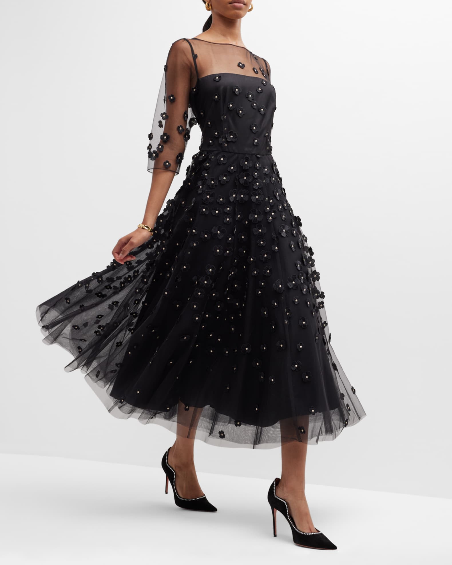 Maison Common Tulle Midi Dress w/ Petal Applique Details | Neiman Marcus