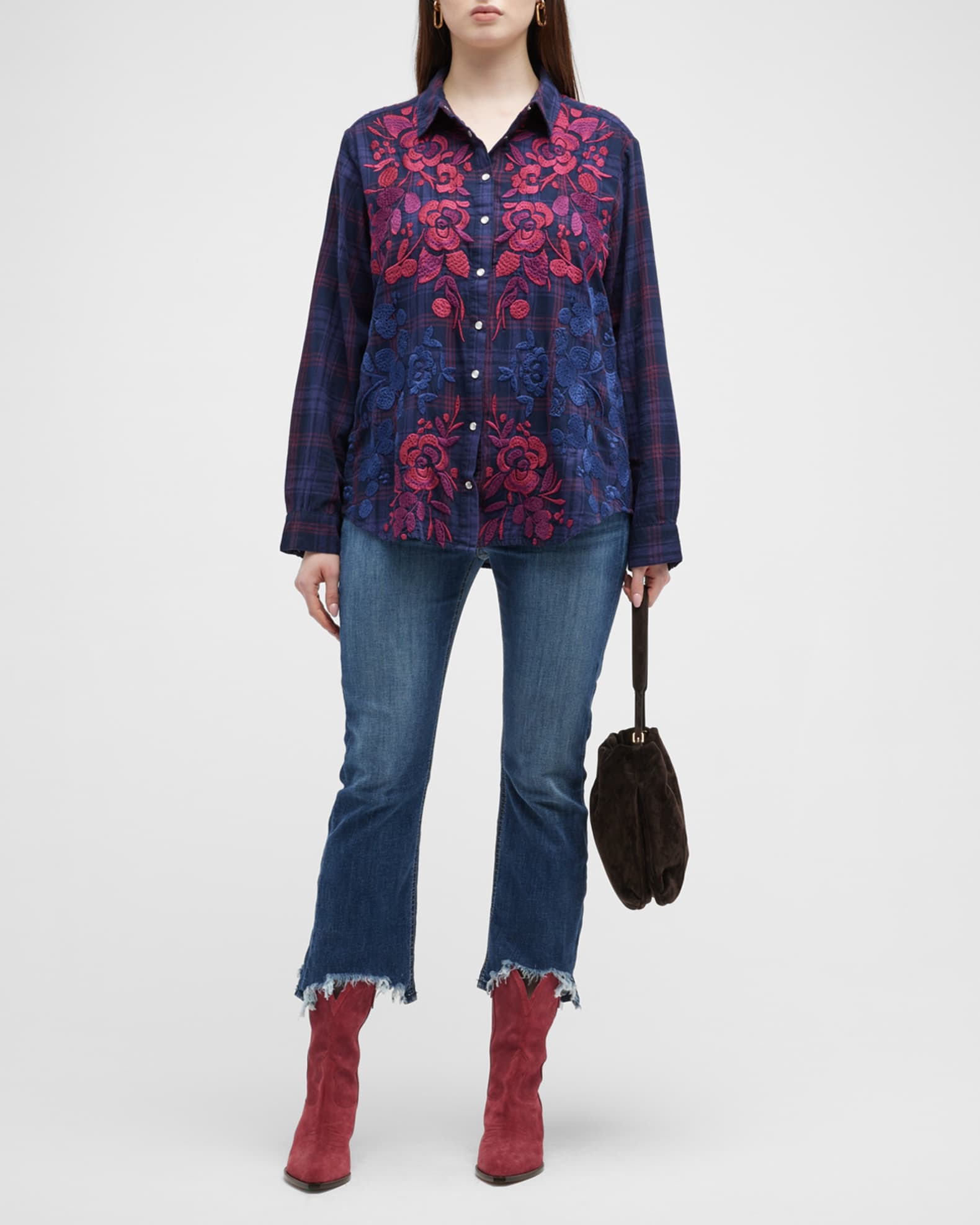 Johnny Was Plus Size Tuscan Embroidered Plaid Shirt | Neiman Marcus