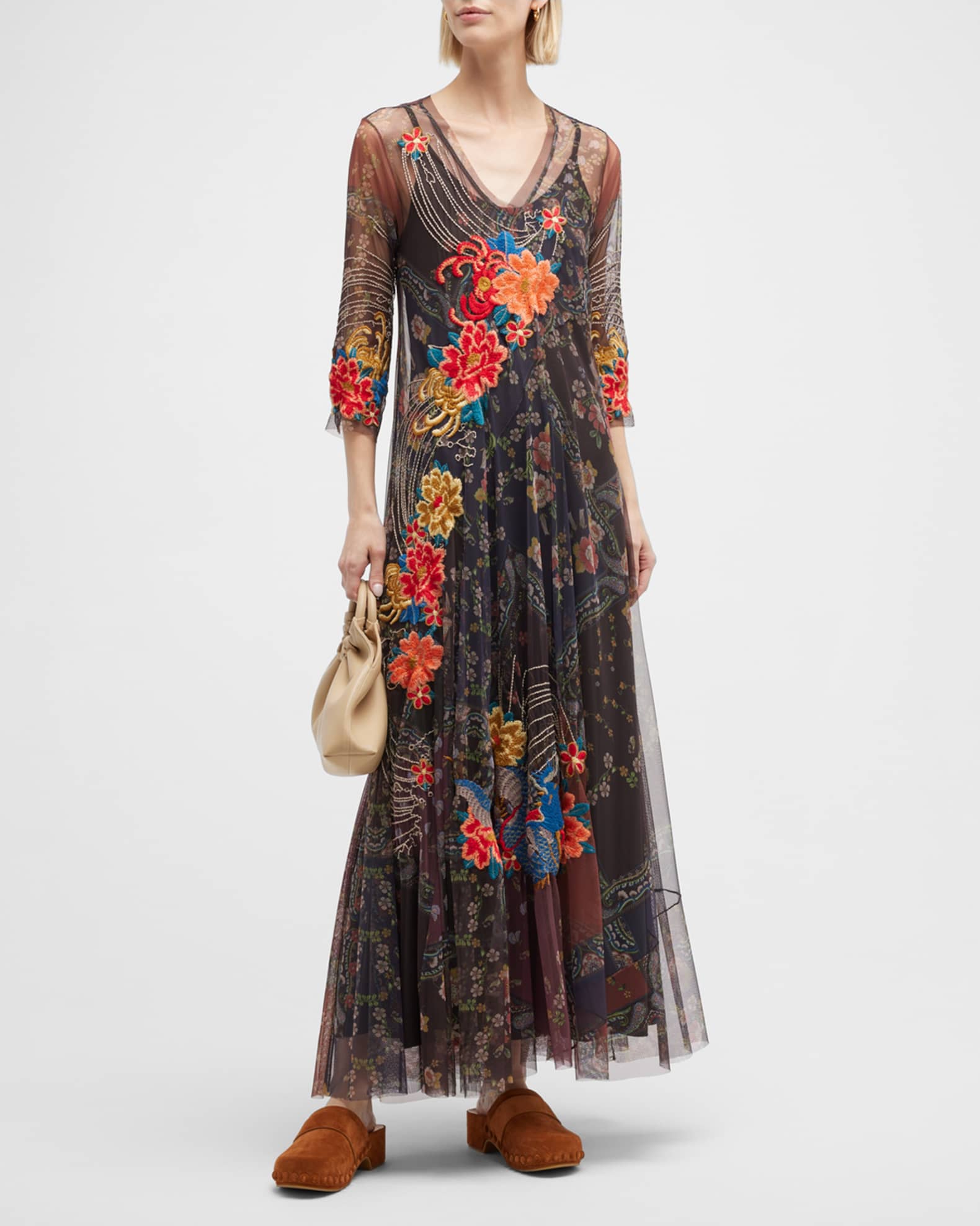 Johnny Was Kyler Embroidered Printed Mesh Maxi Dress | Neiman Marcus