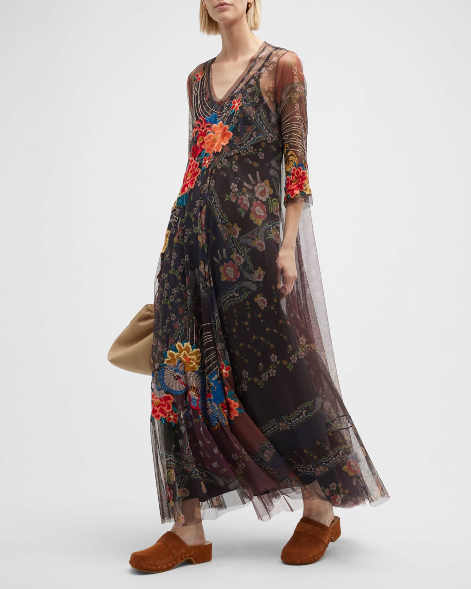 Johnny Was Kyler Embroidered Printed Mesh Maxi Dress | Neiman Marcus
