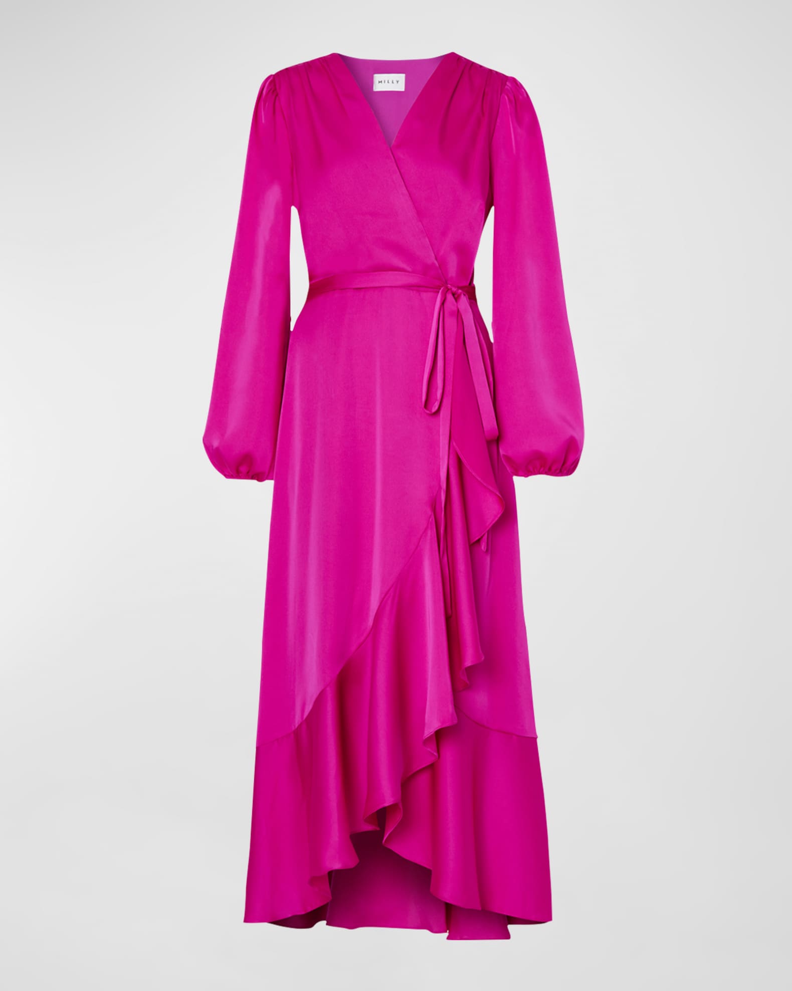 Milly Halley Faux-Wrap Ruffle Satin Midi Dress | Neiman Marcus