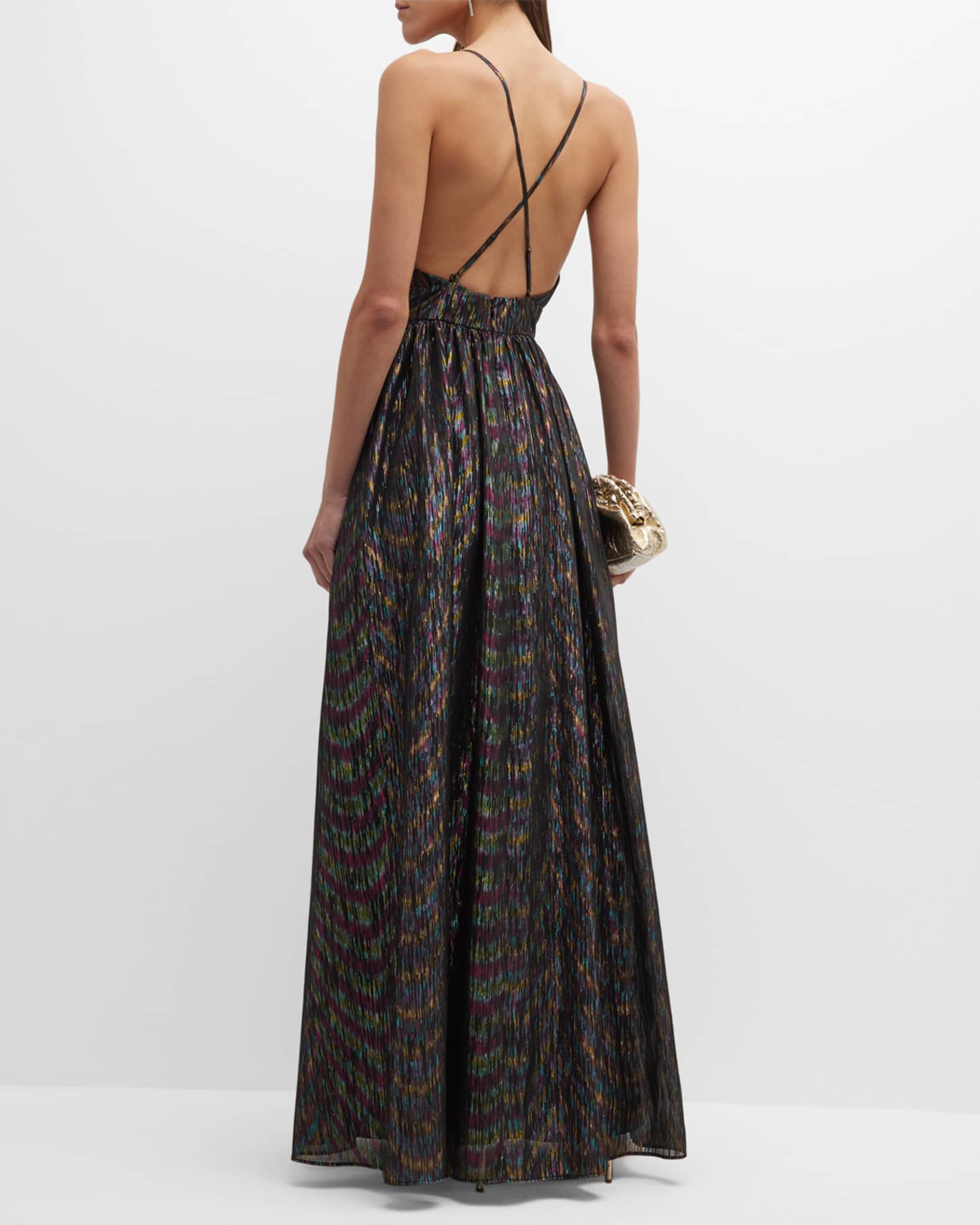 Aidan by Aidan Mattox Deep V-Neck Metallic Organza Gown | Neiman Marcus