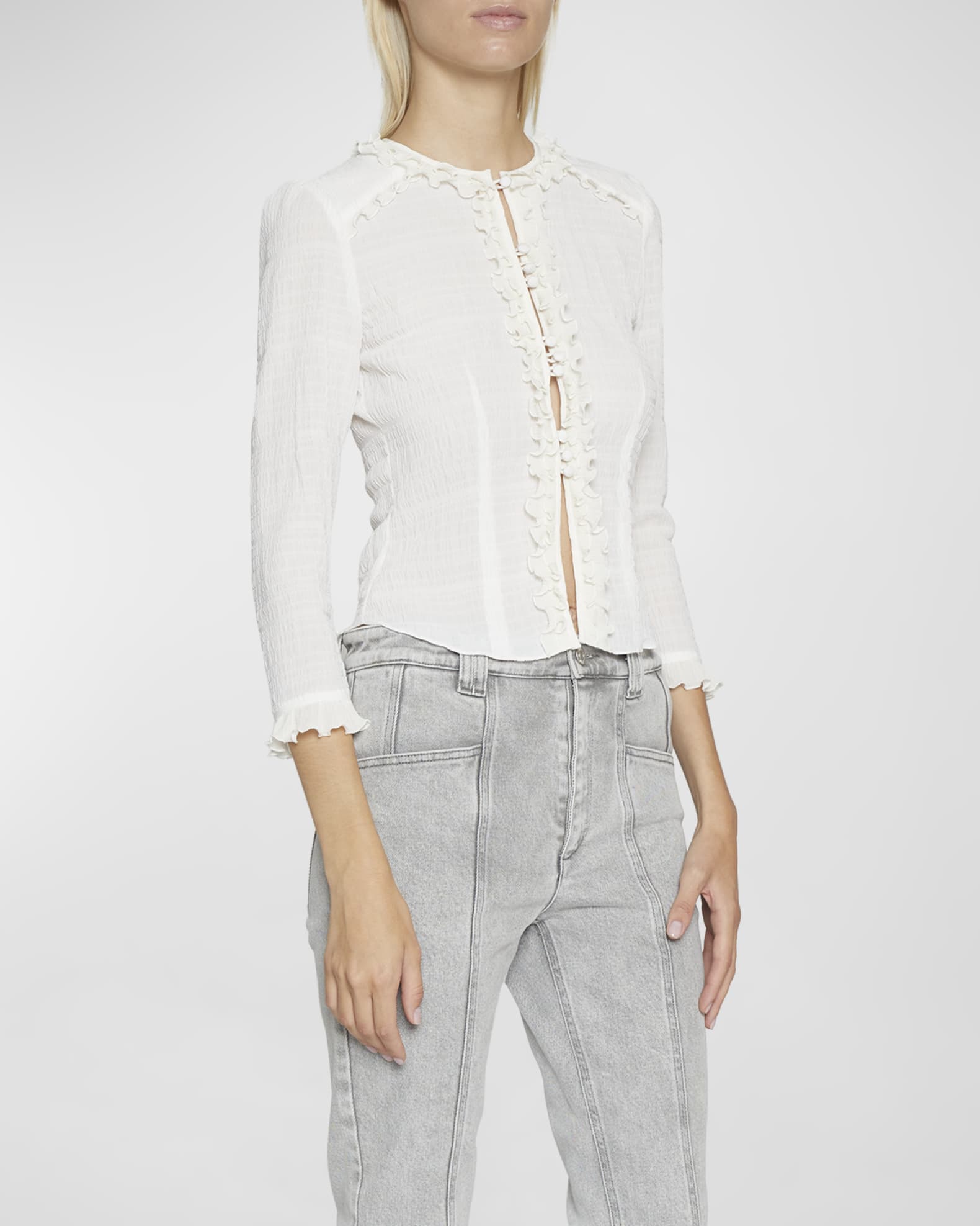 Isabel Marant Georgia Smocked Ruffle Button-Front Blouse | Neiman Marcus
