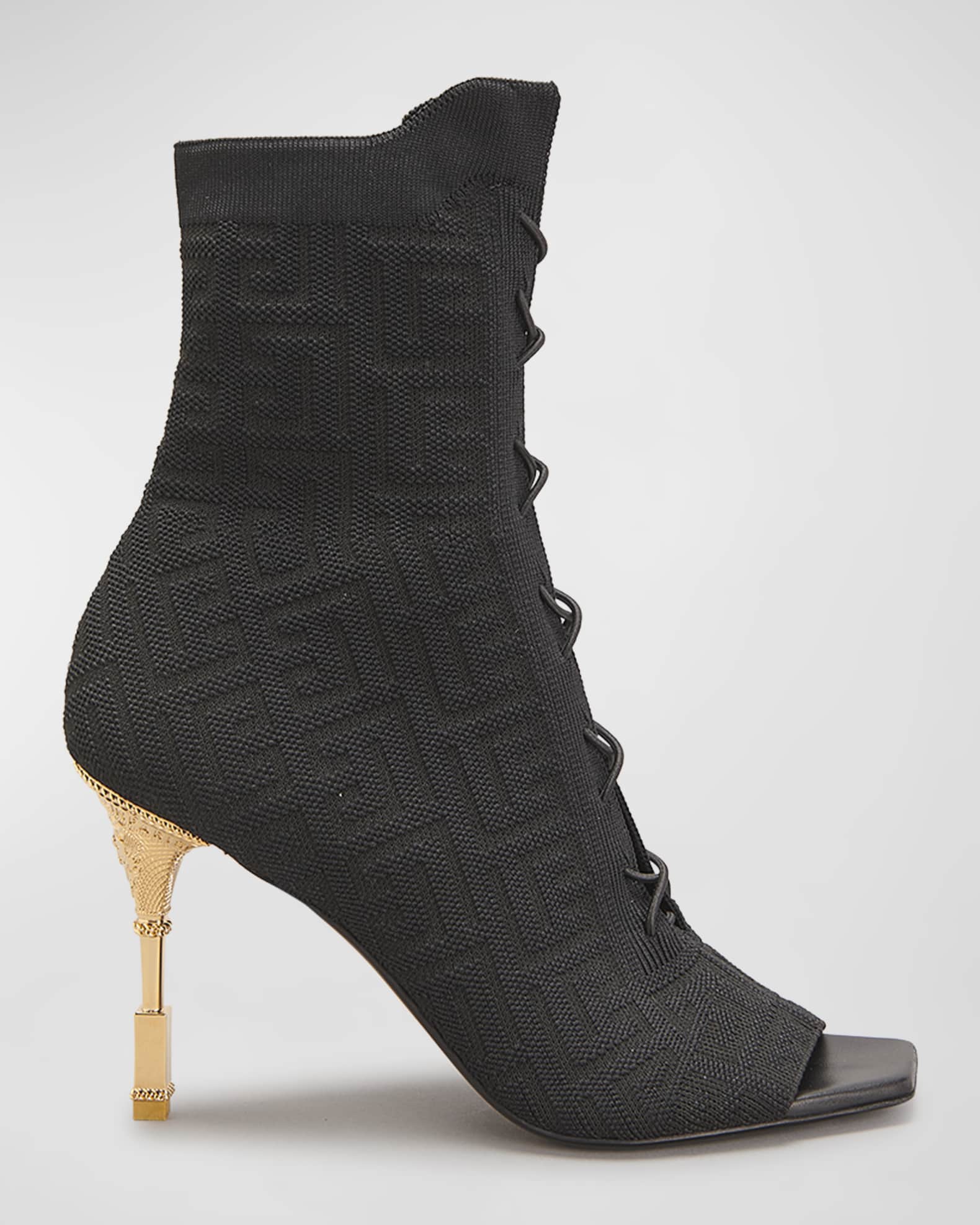 Balmain Moneta Lace-Up Engraved-Heel Booties | Neiman Marcus