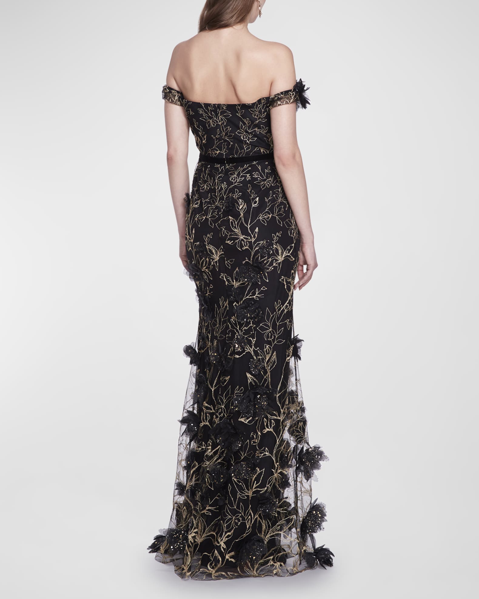 Marchesa Notte Embroidered Off-Shoulder Applique Gown | Neiman Marcus