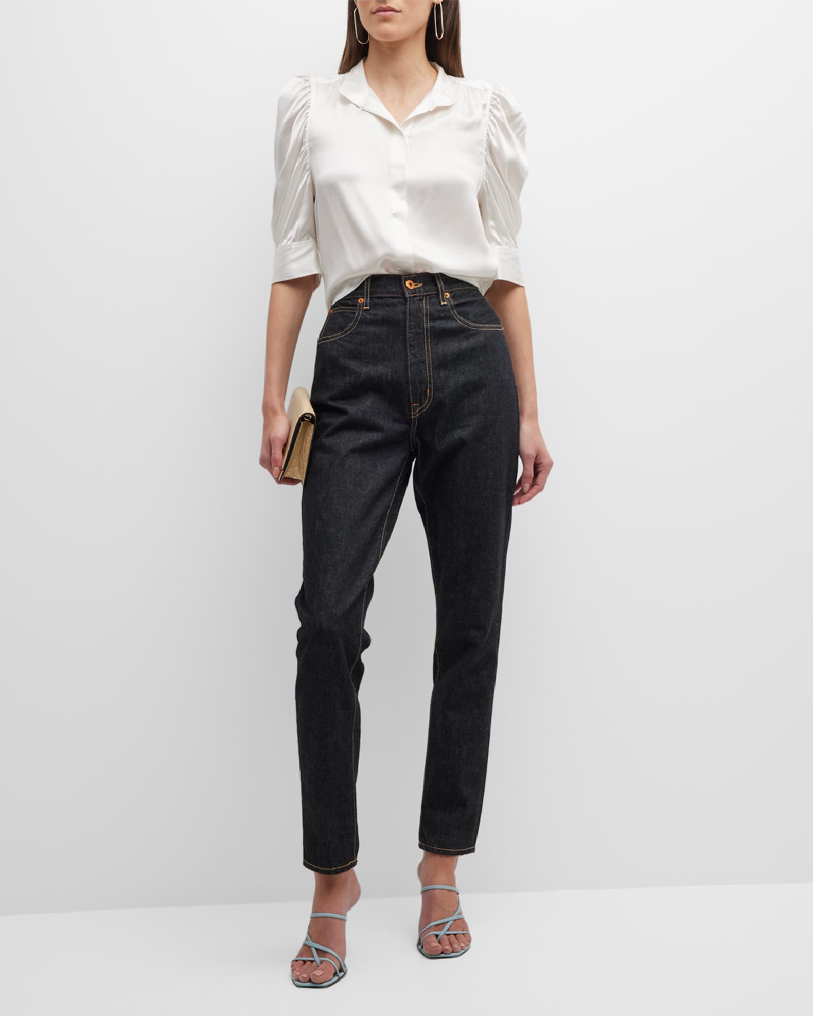 FRAME Gillian Silk Ruched Sleeve Top | Neiman Marcus