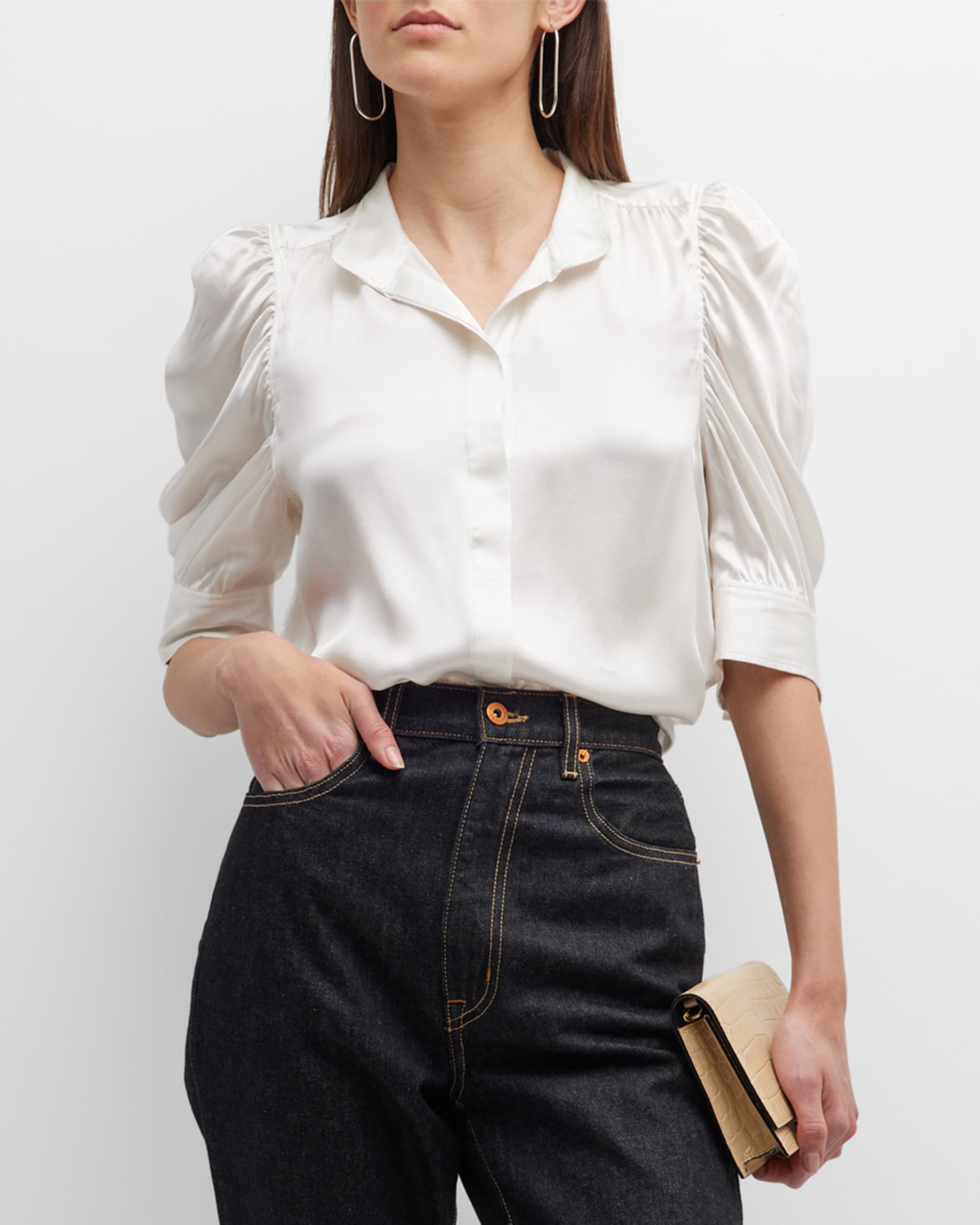 FRAME Gillian Silk Ruched Sleeve Top | Neiman Marcus