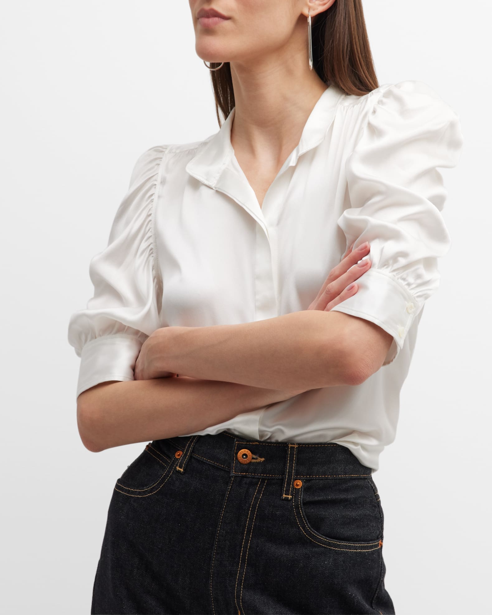 FRAME Gillian Silk Ruched Sleeve Top | Neiman Marcus