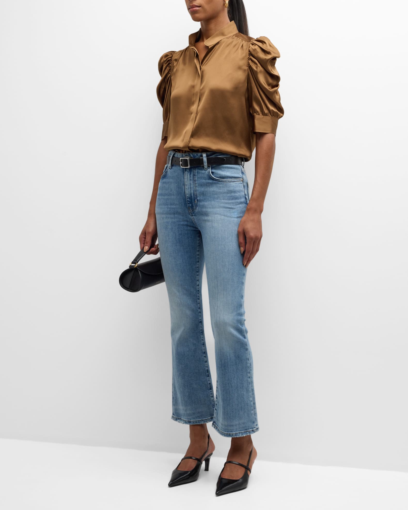 FRAME Gillian Silk Ruched Sleeve Top | Neiman Marcus