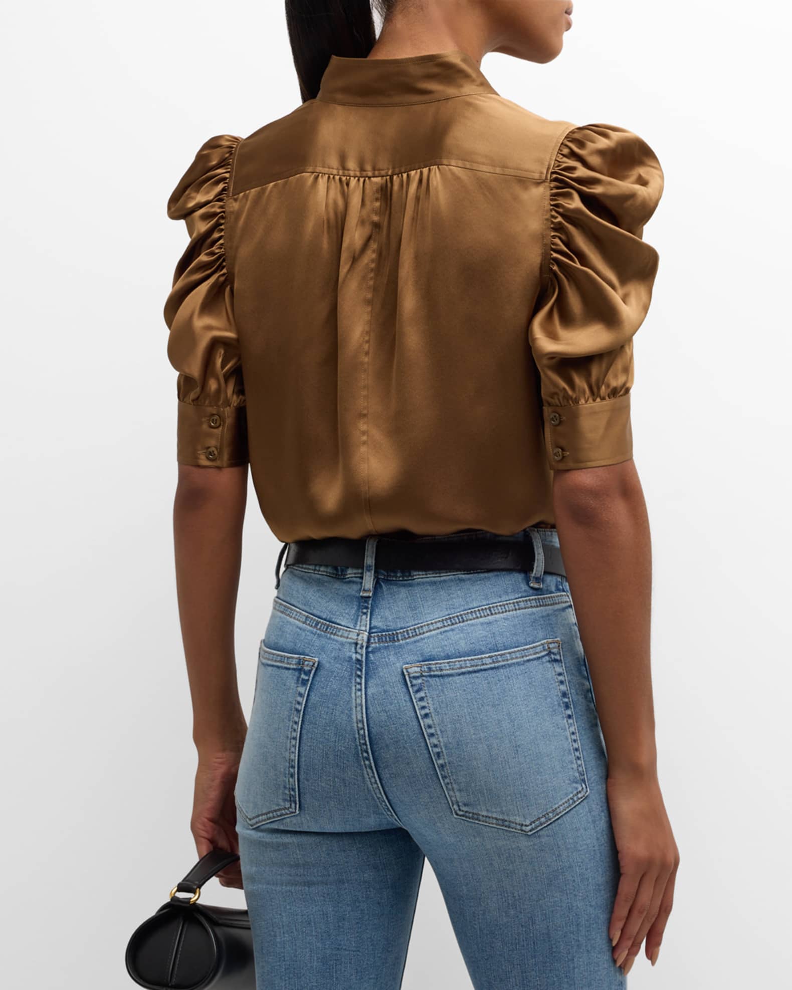 FRAME Gillian Silk Ruched Sleeve Top | Neiman Marcus