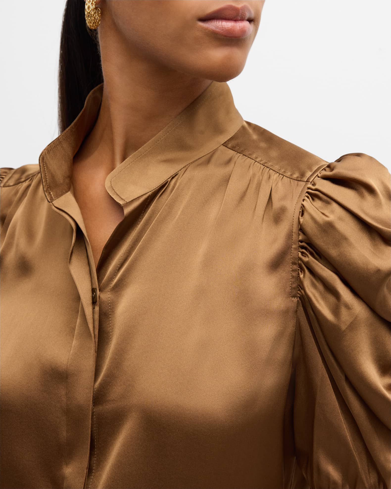 FRAME Gillian Silk Ruched Sleeve Top | Neiman Marcus