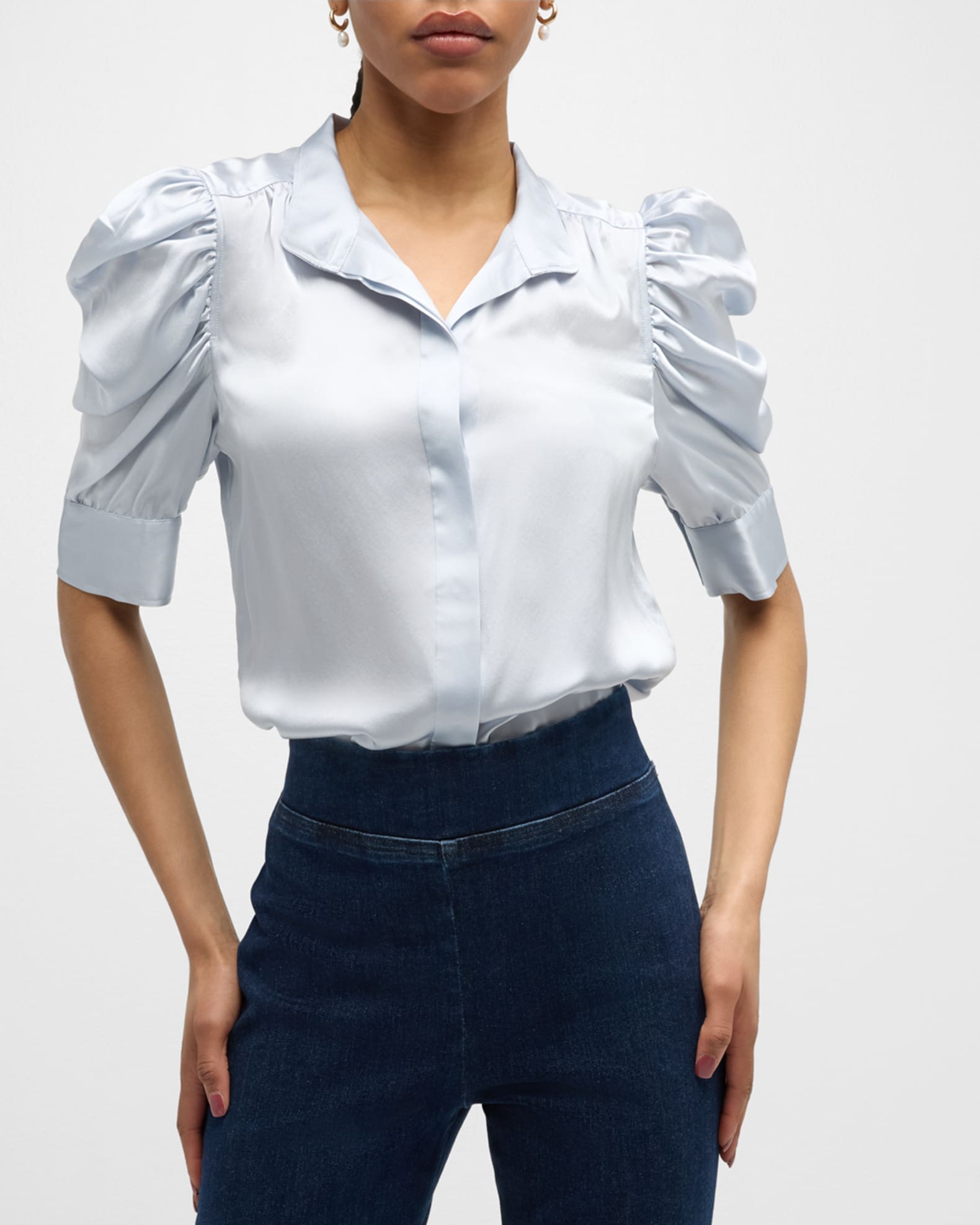 FRAME Gillian Silk Ruched Sleeve Top | Neiman Marcus