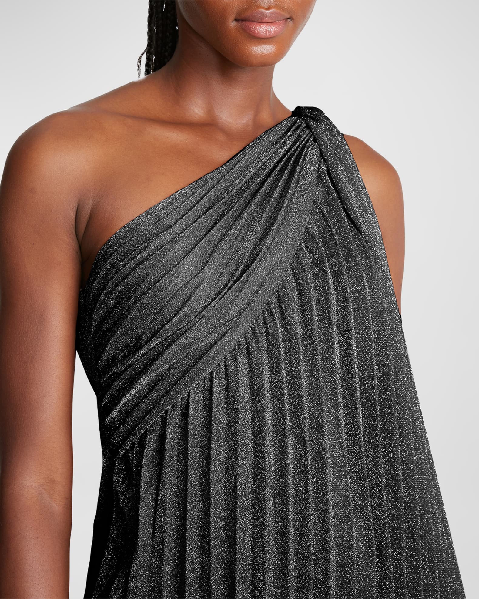 Halston Clare Pleated One-Shoulder Shimmer Mini Dress | Neiman Marcus