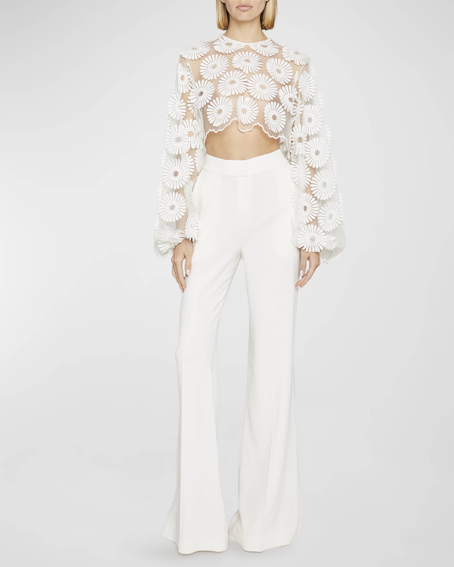 Elie Saab Floral Embroidered Tulle Crop Top | Neiman Marcus