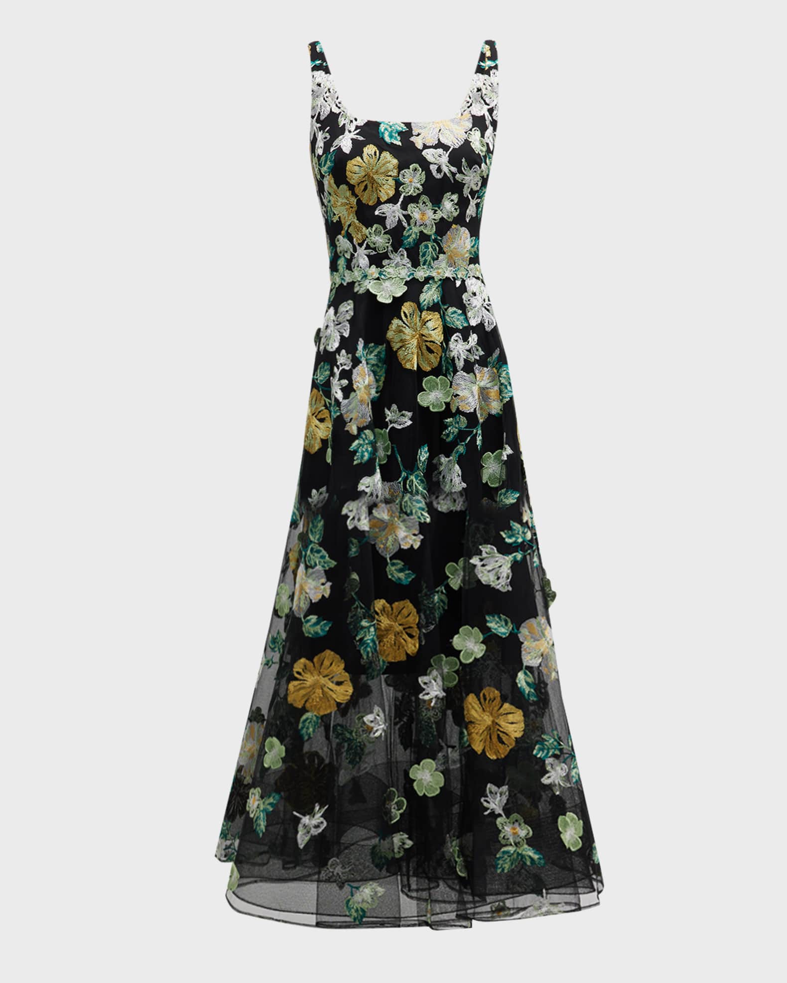 Marchesa Notte Floral-Embroidered Tulle Midi Dress | Neiman Marcus