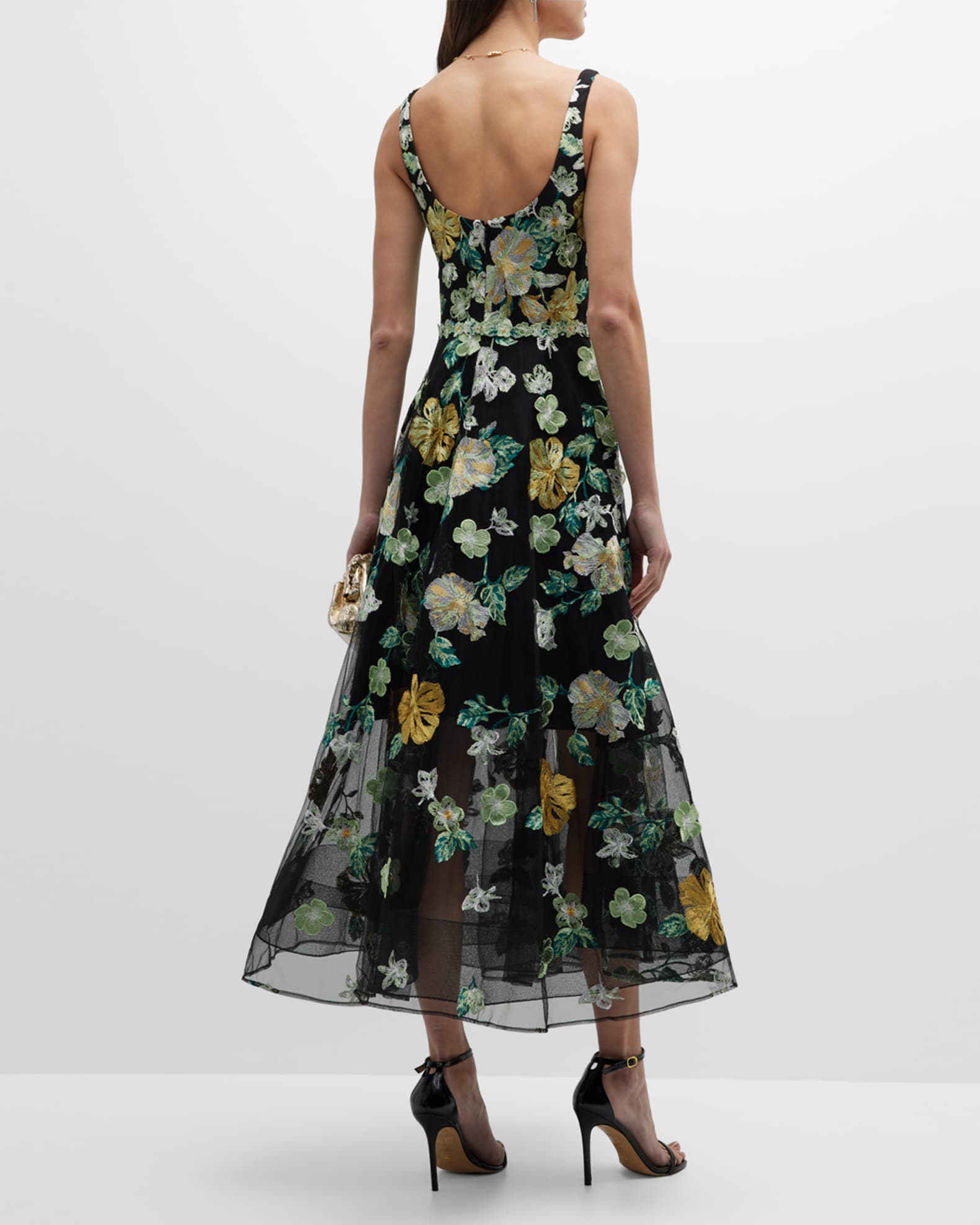 Marchesa Notte Floral-Embroidered Tulle Midi Dress | Neiman Marcus