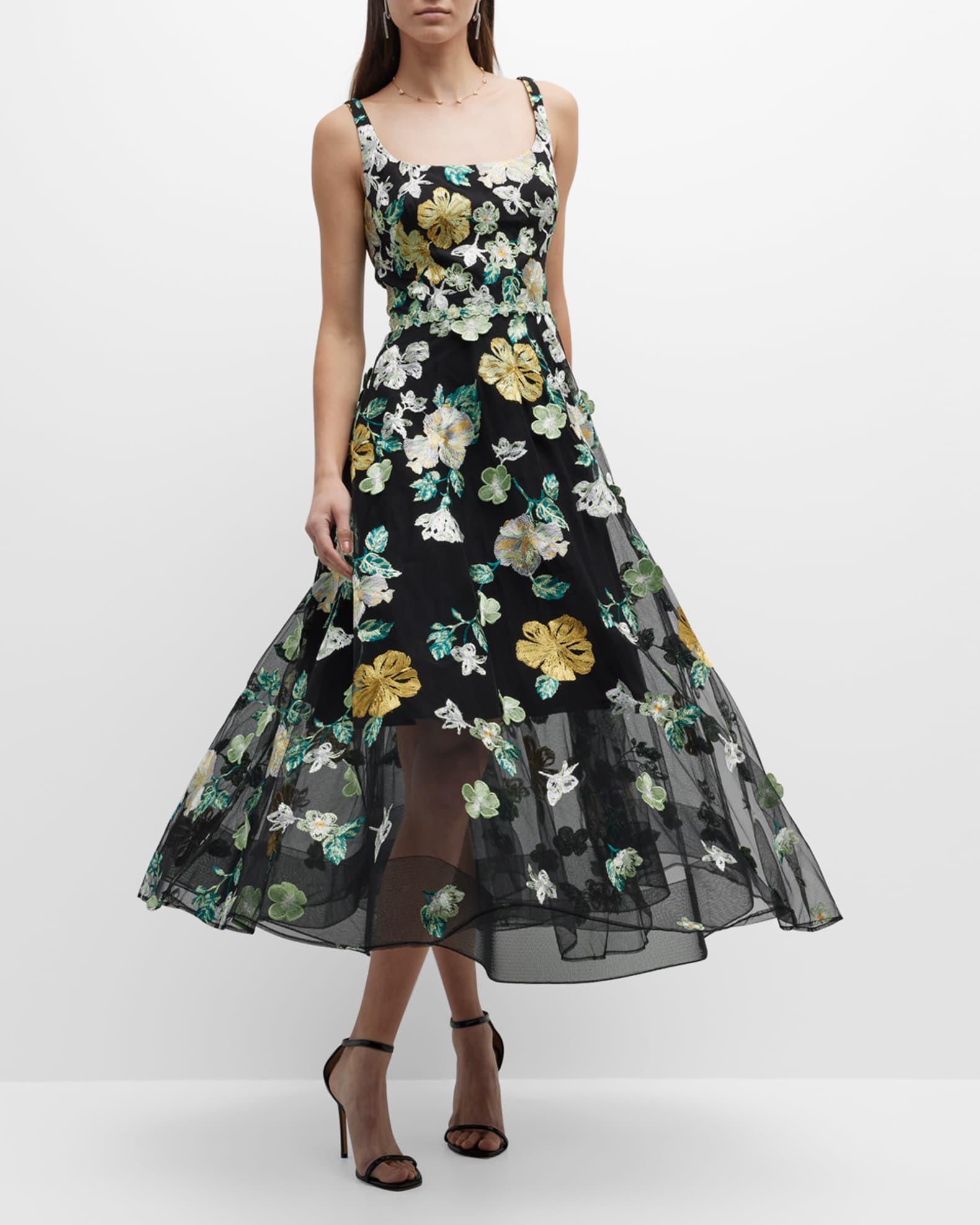 Marchesa Notte Floral-Embroidered Tulle Midi Dress | Neiman Marcus