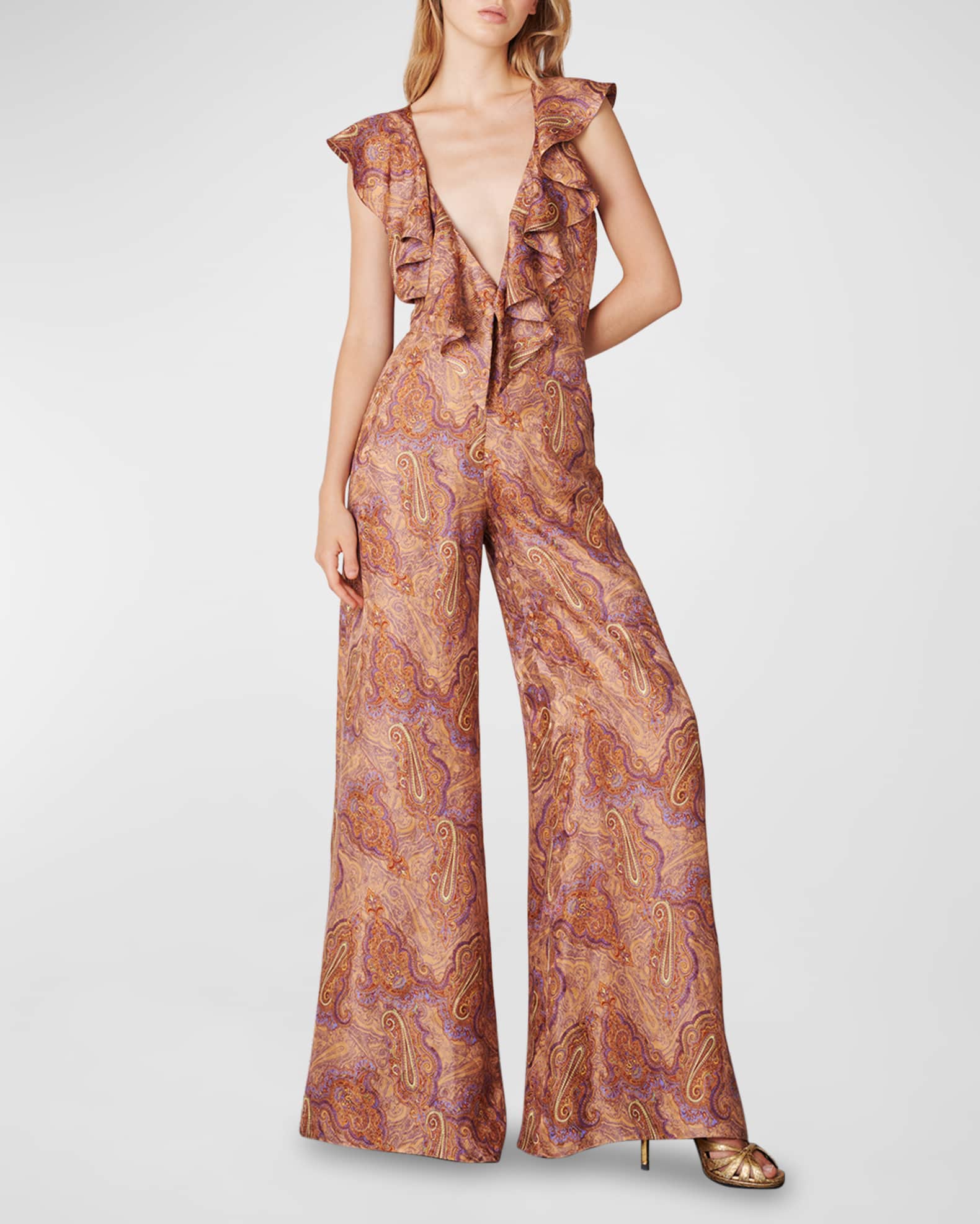 Adriana Iglesias Dina Plunging Ruffle Paisley-Print Wide-Leg Jumpsuit ...
