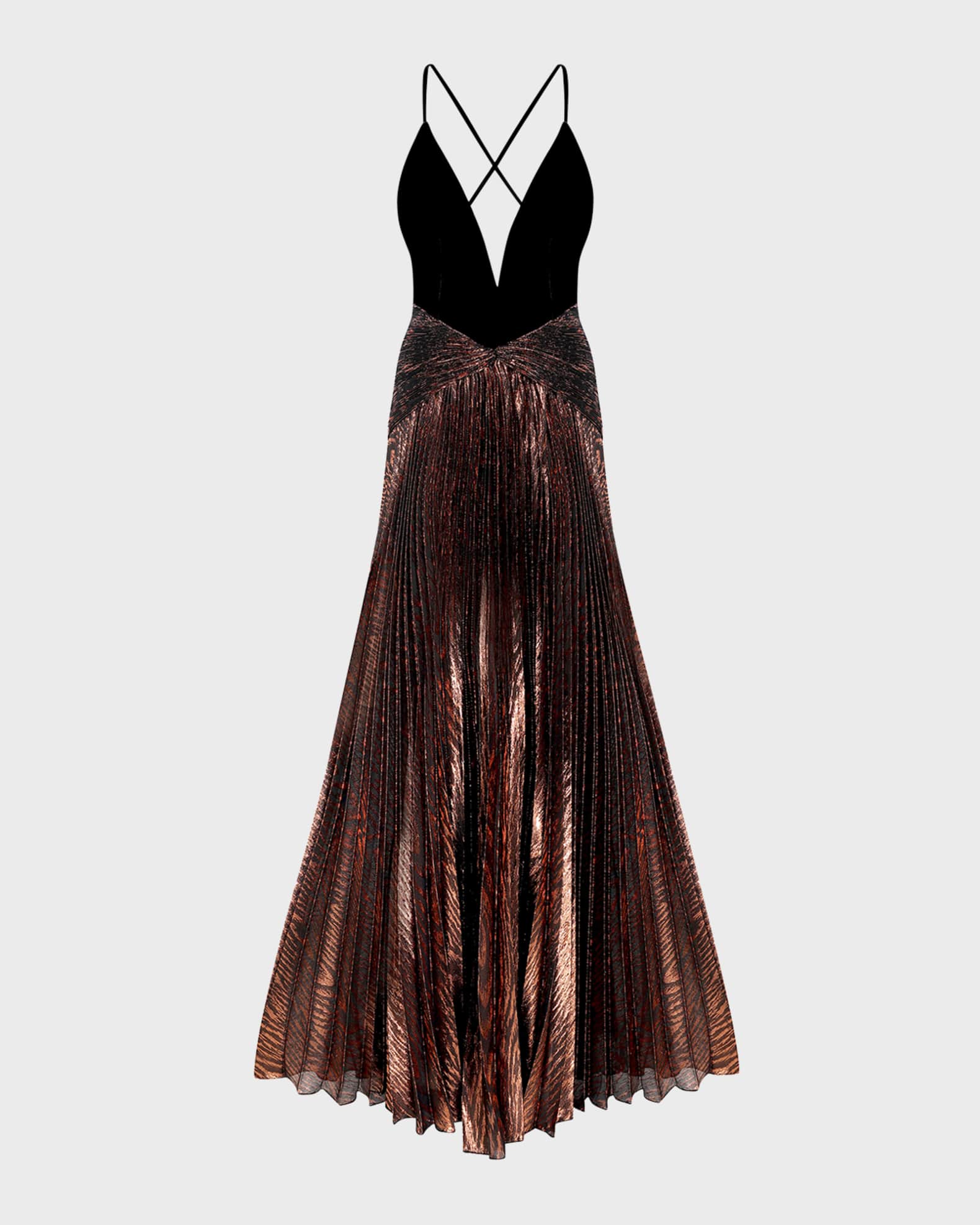RAISAVANESSA Plunging Metallic Pleated Gown | Neiman Marcus