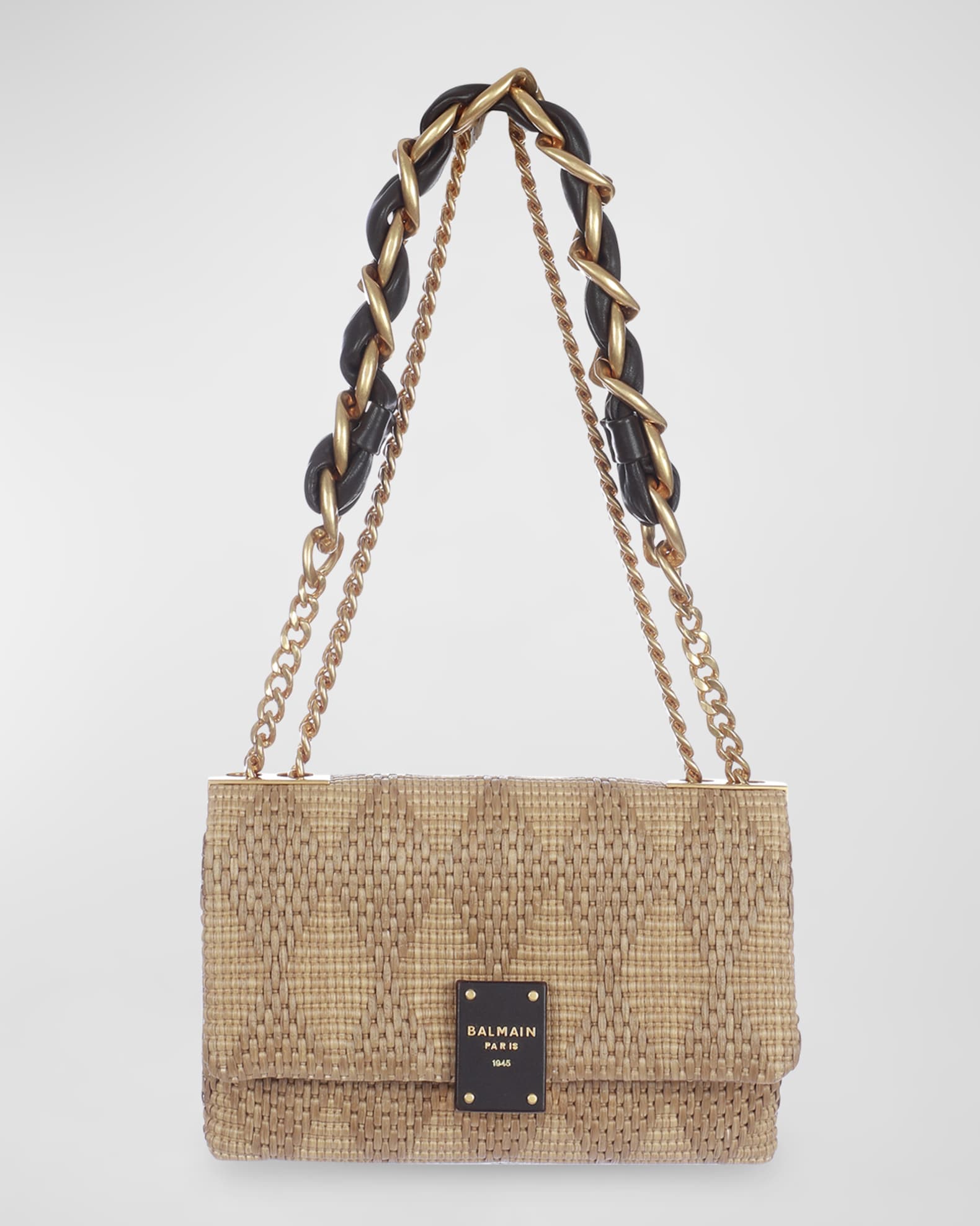 Balmain 1945 Small Flap Raffia Shoulder Bag | Neiman Marcus