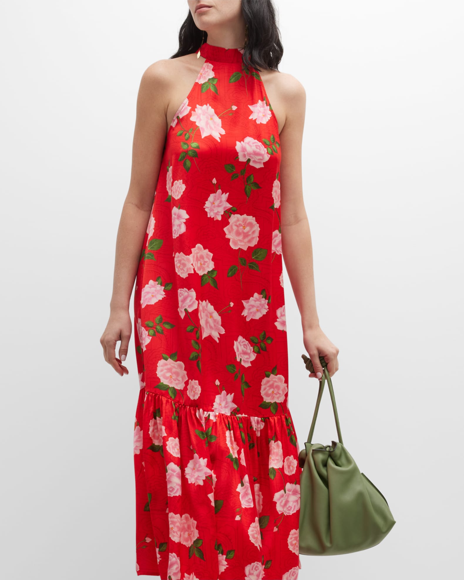 Verandah Floral High-Neck Midi Dress | Neiman Marcus