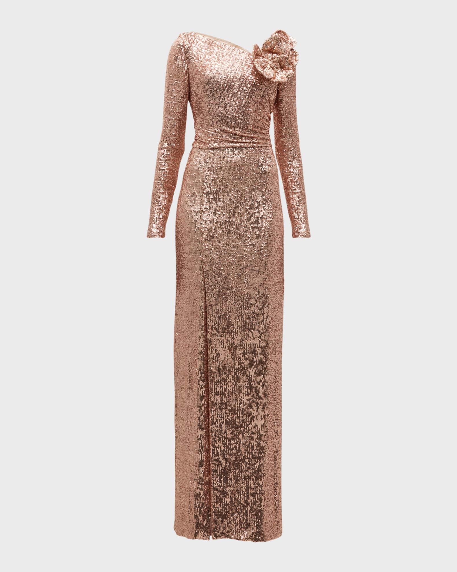 Rickie Freeman for Teri Jon Stretch Sequin Column Gown w/ 3D Flower | Neiman Marcus