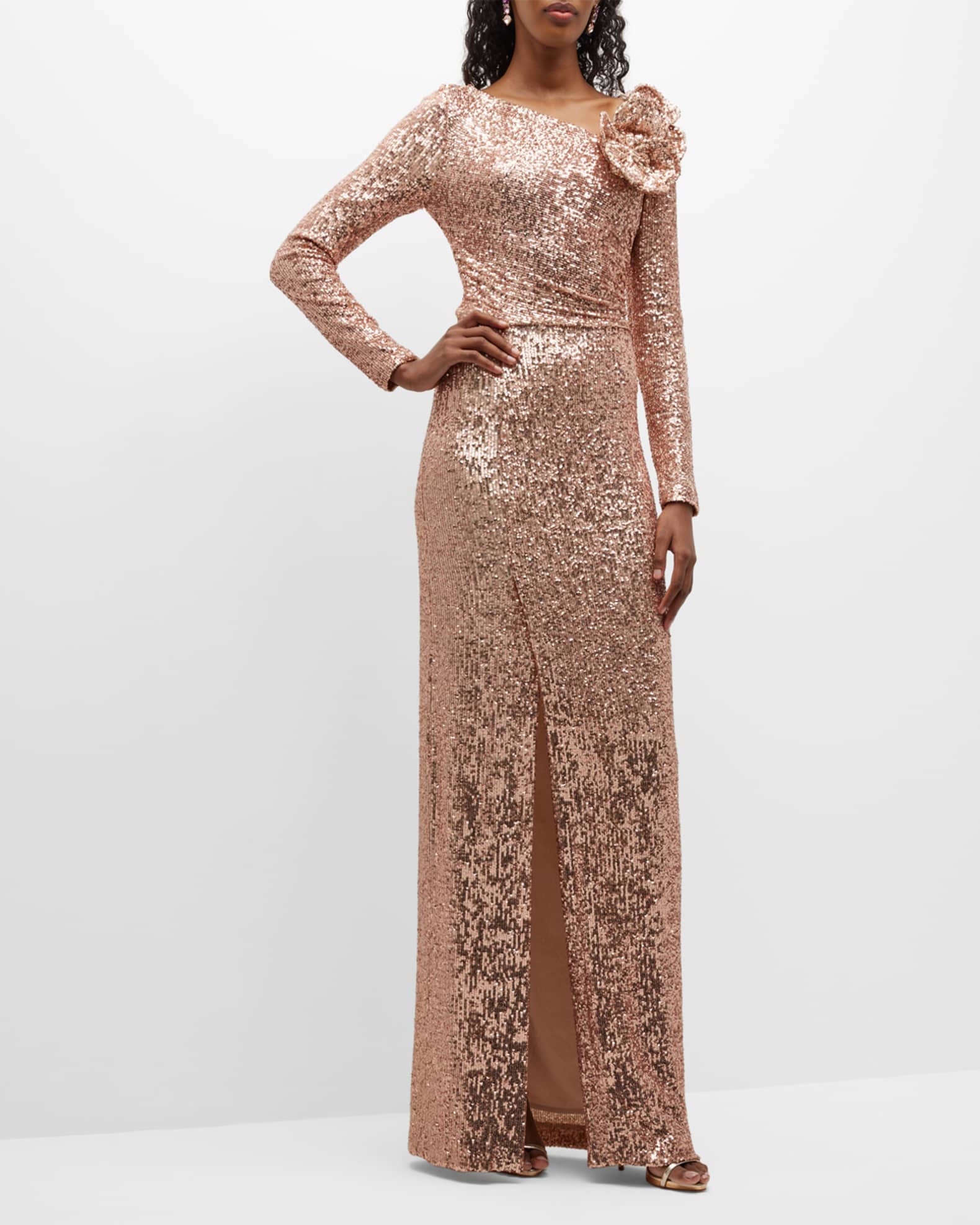 Rickie Freeman for Teri Jon Stretch Sequin Column Gown w/ 3D Flower ...