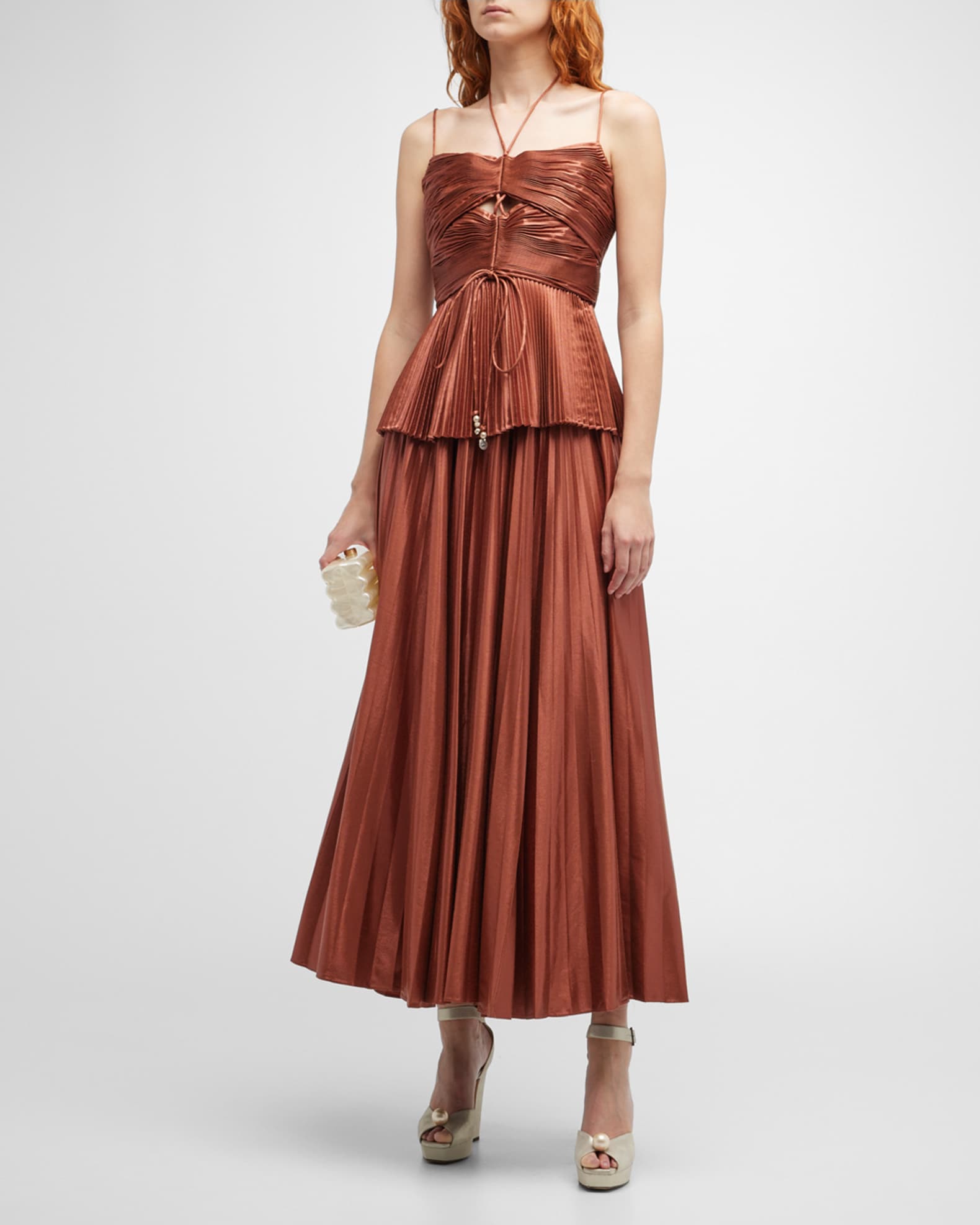 Altuzarra Justin Metallic Pleated Halter Peplum Top | Neiman Marcus
