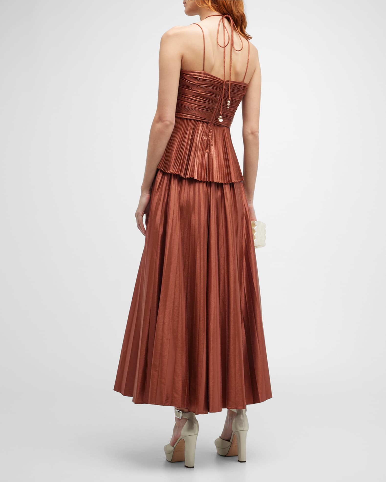 Altuzarra Justin Metallic Pleated Halter Peplum Top | Neiman Marcus