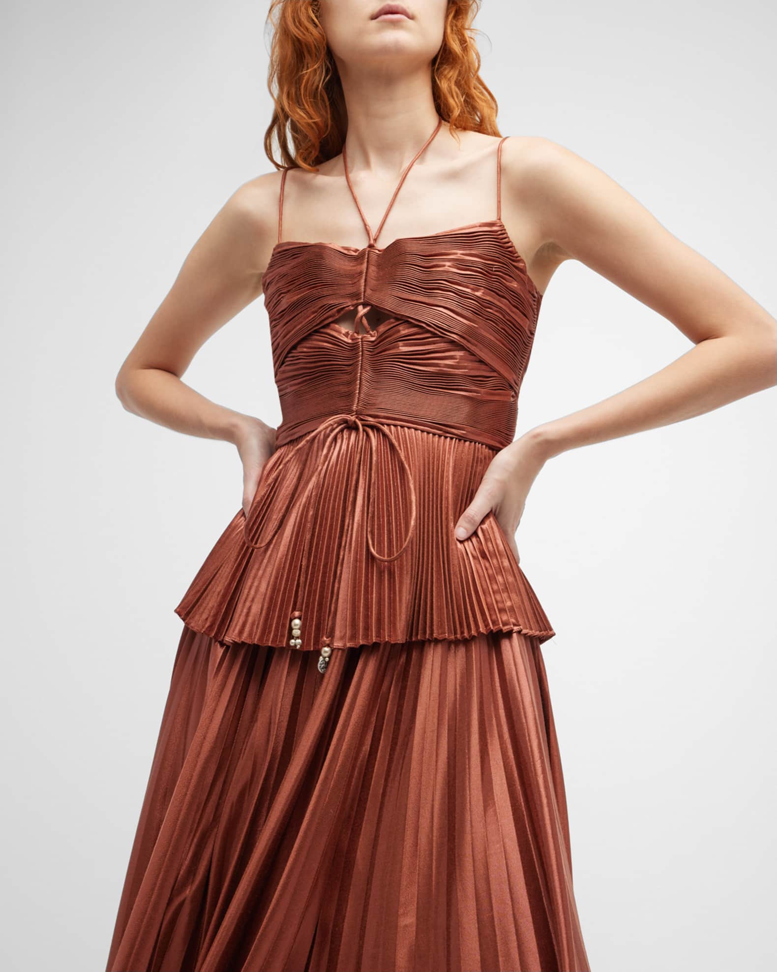 Altuzarra Justin Metallic Pleated Halter Peplum Top | Neiman Marcus