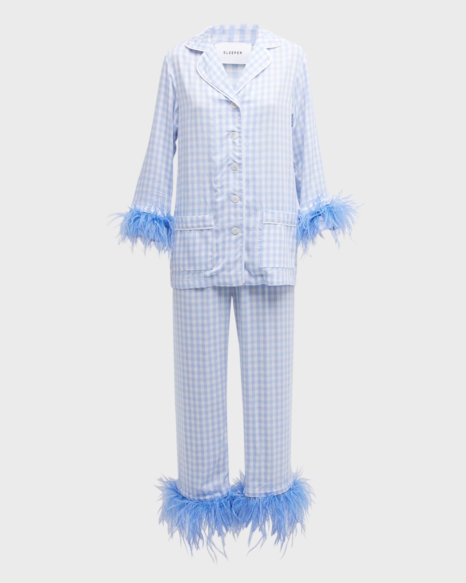 Sleeper Party Gingham-Print Feather-Trim Pajama Set | Neiman Marcus
