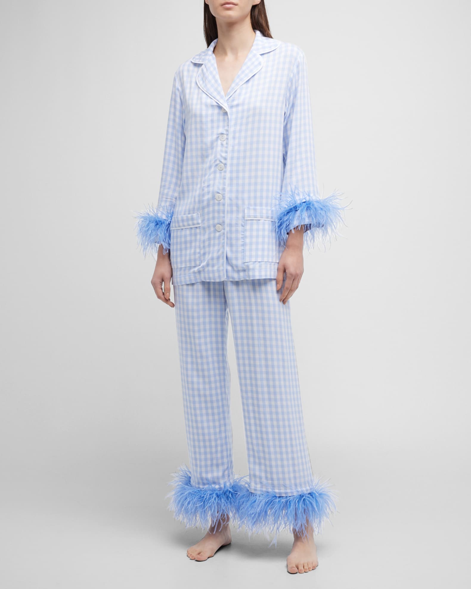 Sleeper Party Gingham-Print Feather-Trim Pajama Set | Neiman Marcus