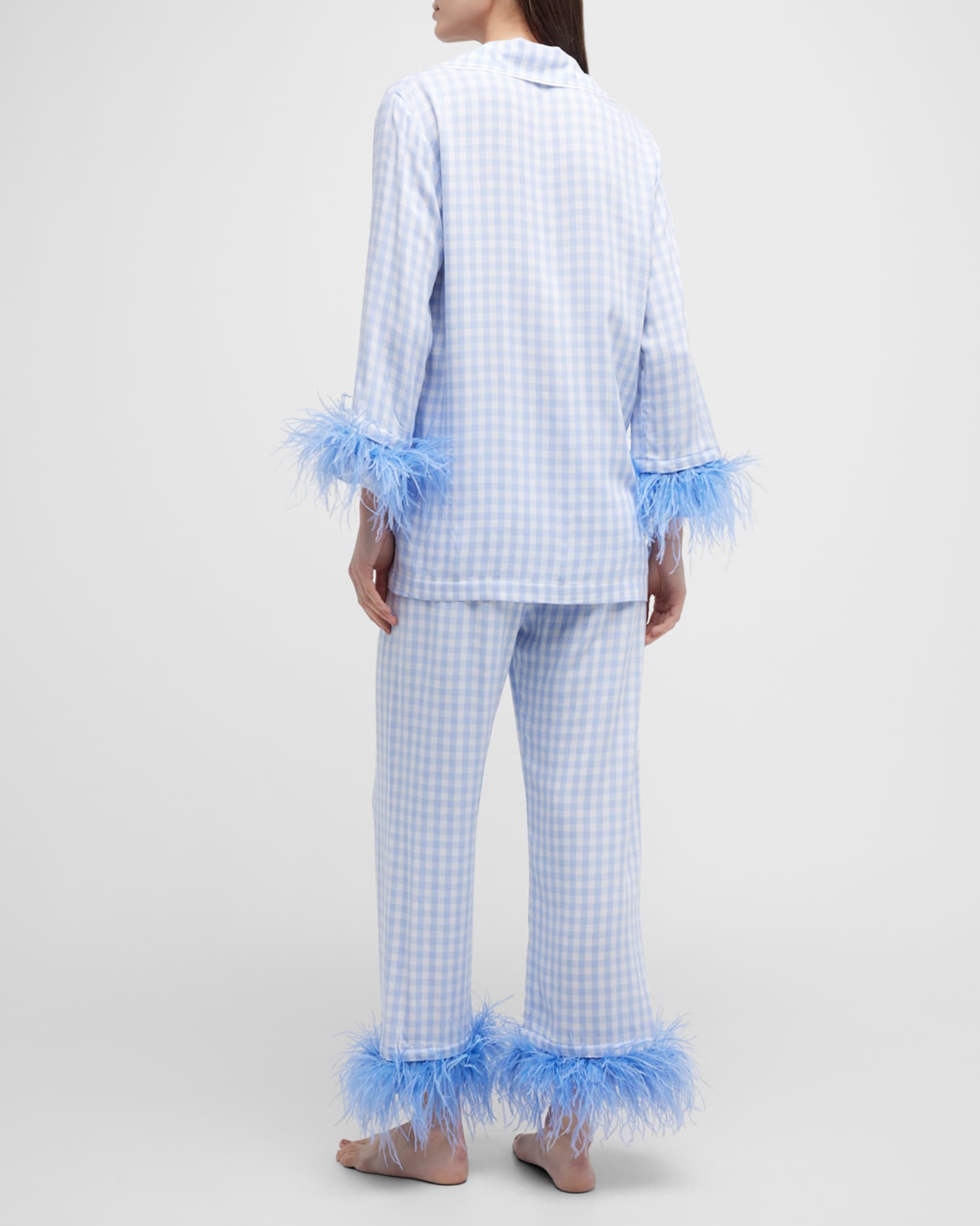 Sleeper Party Gingham-Print Feather-Trim Pajama Set | Neiman Marcus