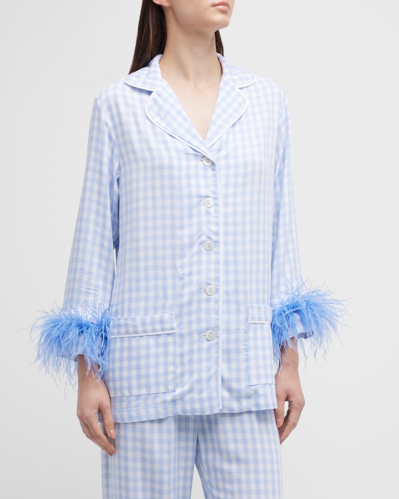 Sleeper Party Gingham-Print Feather-Trim Pajama Set | Neiman Marcus
