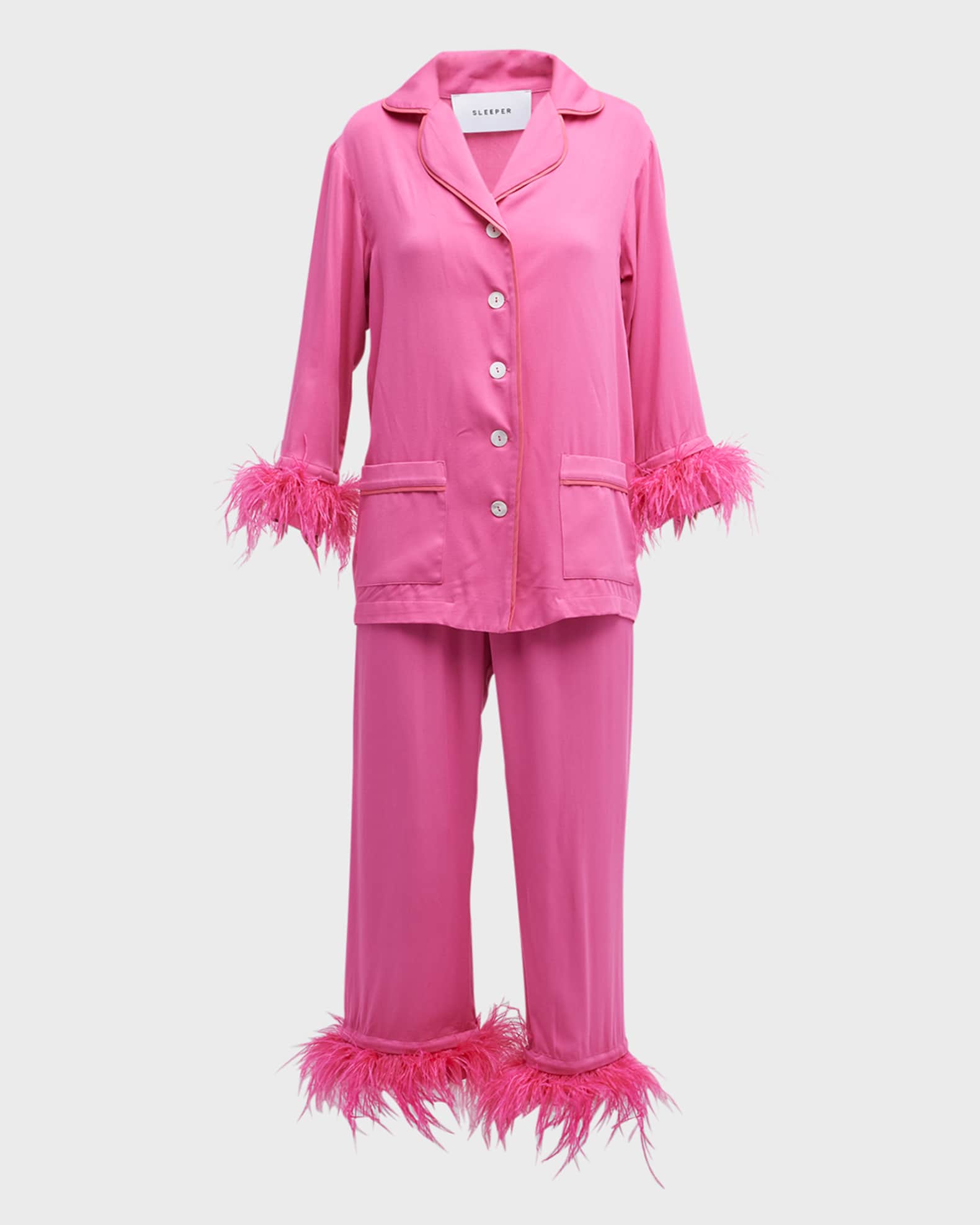 Sleeper Party Cropped Feather-Trim Pajama Set | Neiman Marcus