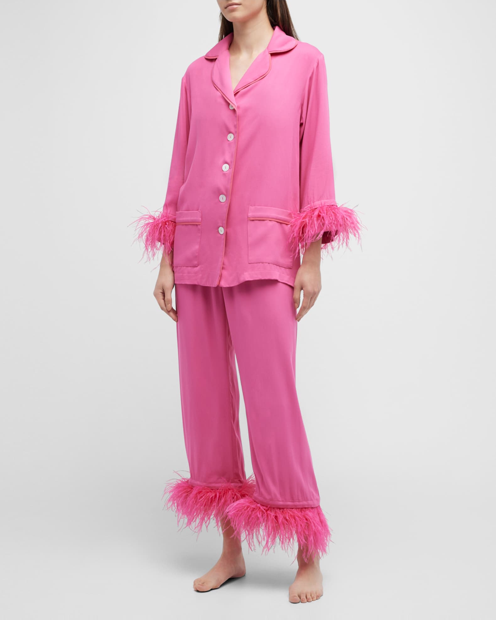 Sleeper Party Cropped Feather-Trim Pajama Set | Neiman Marcus