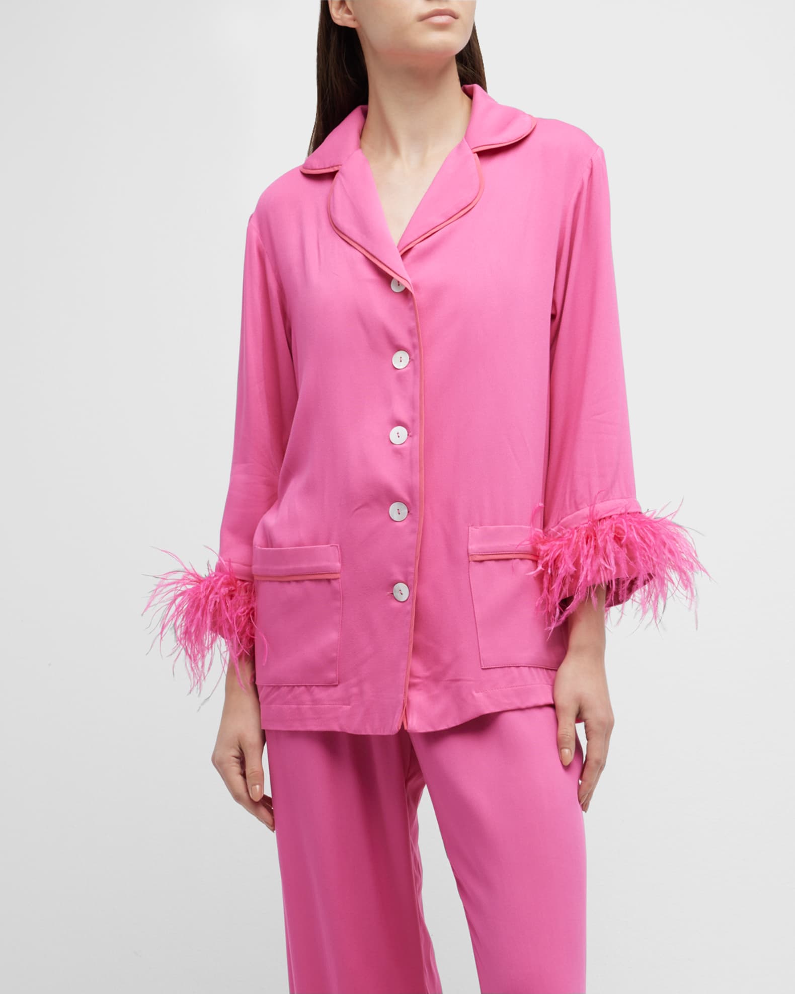 Sleeper Party Cropped Feather-Trim Pajama Set | Neiman Marcus