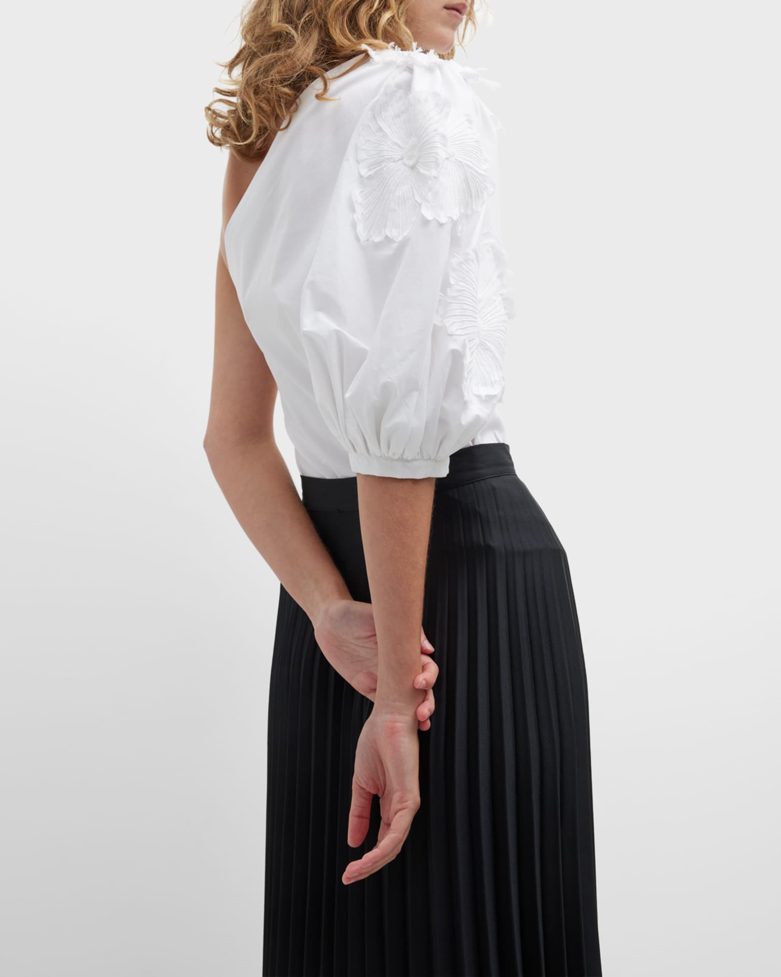 Natori One-Shoulder Puff-Sleeve Applique Top | Neiman Marcus