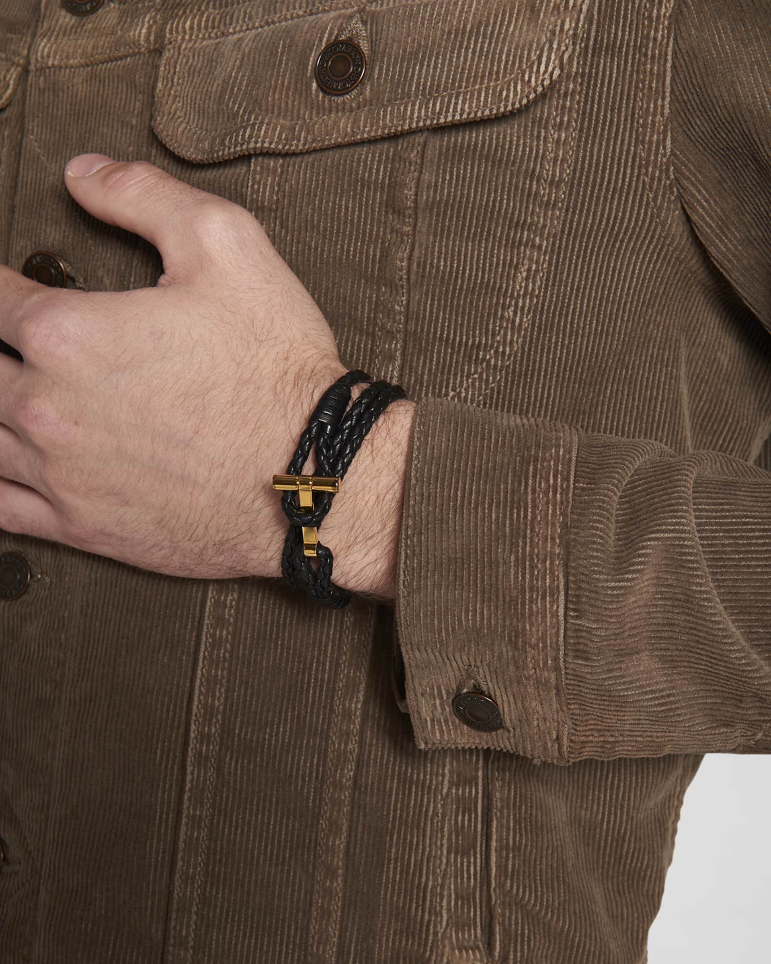 TOM FORD Men's Scoubidou T-Logo Woven Leather Wrap Bracelet | Neiman Marcus