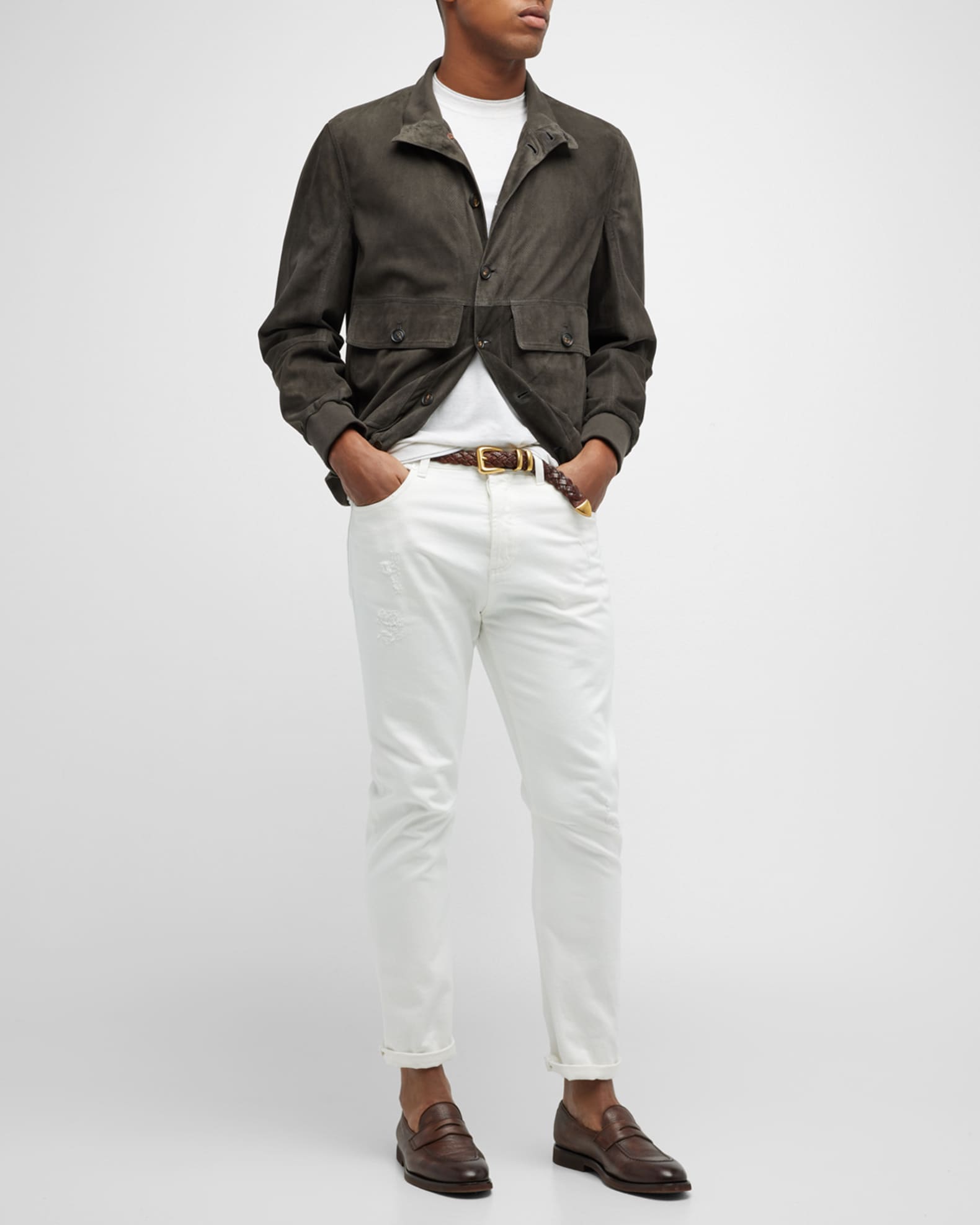 Brunello Cucinelli Men's Perforated Suede Blouson Jacket | Neiman Marcus