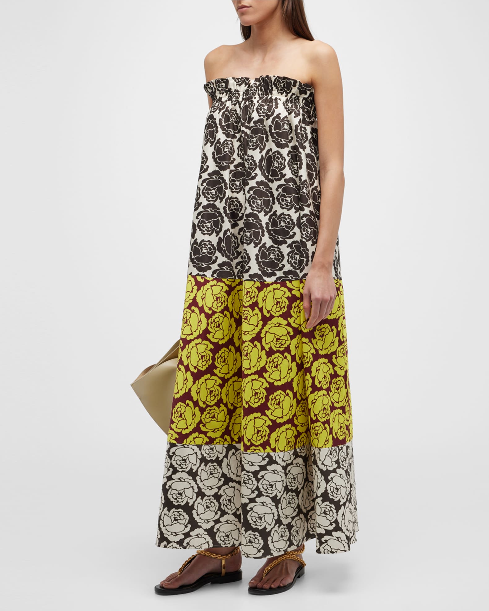 Tory Burch Colorblock Floral Strapless Maxi Dress | Neiman Marcus
