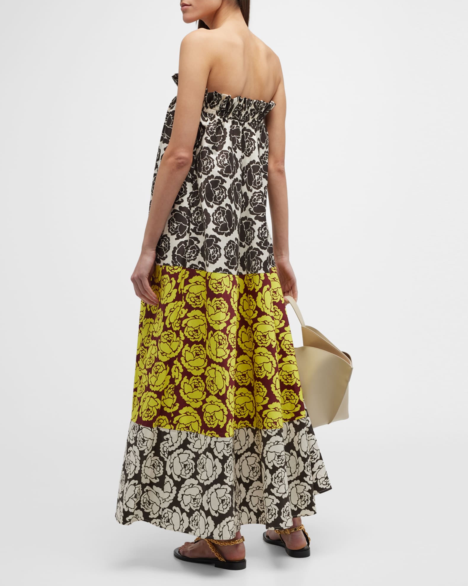 Tory Burch Colorblock Floral Strapless Maxi Dress | Neiman Marcus