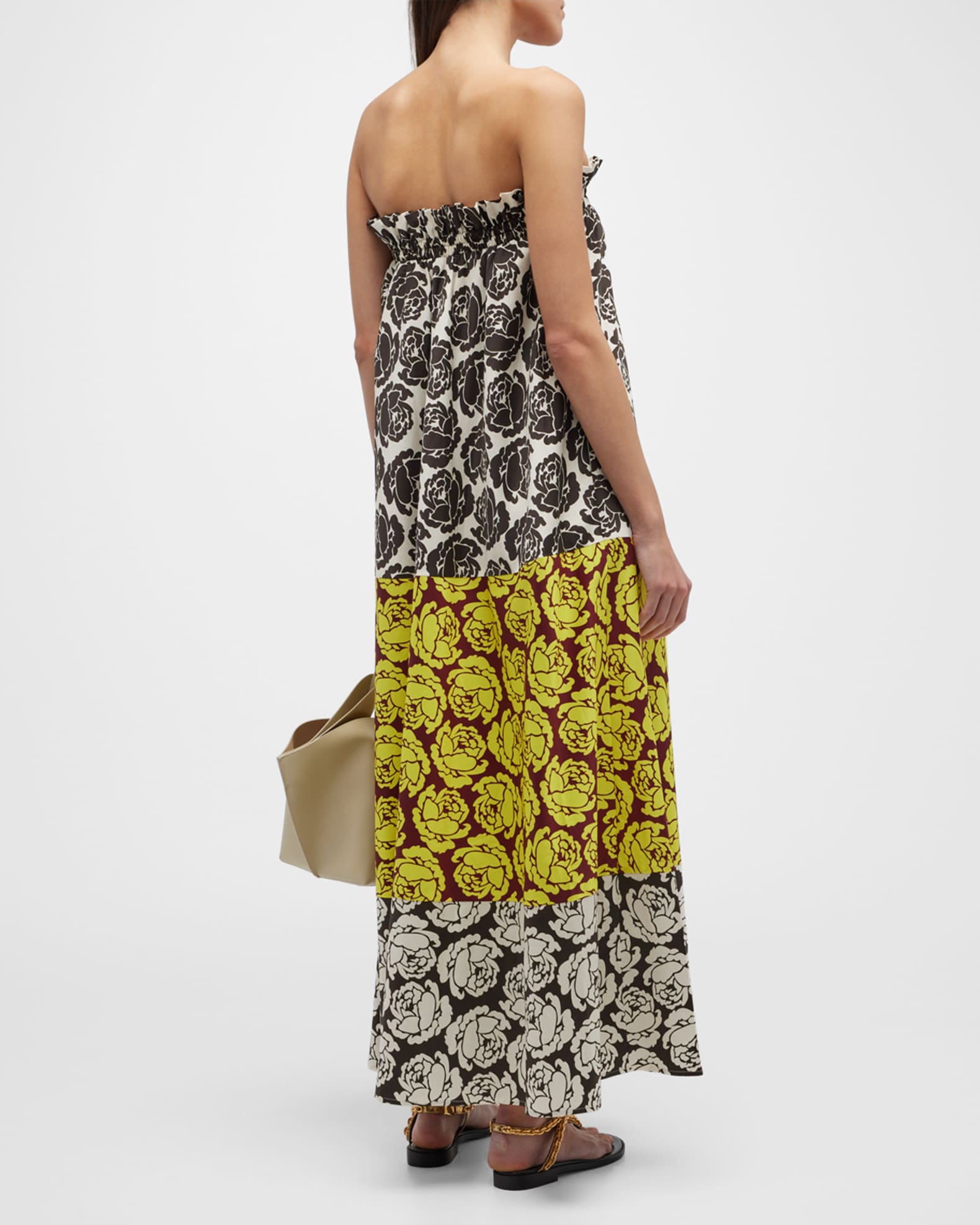 Tory Burch Colorblock Floral Strapless Maxi Dress | Neiman Marcus