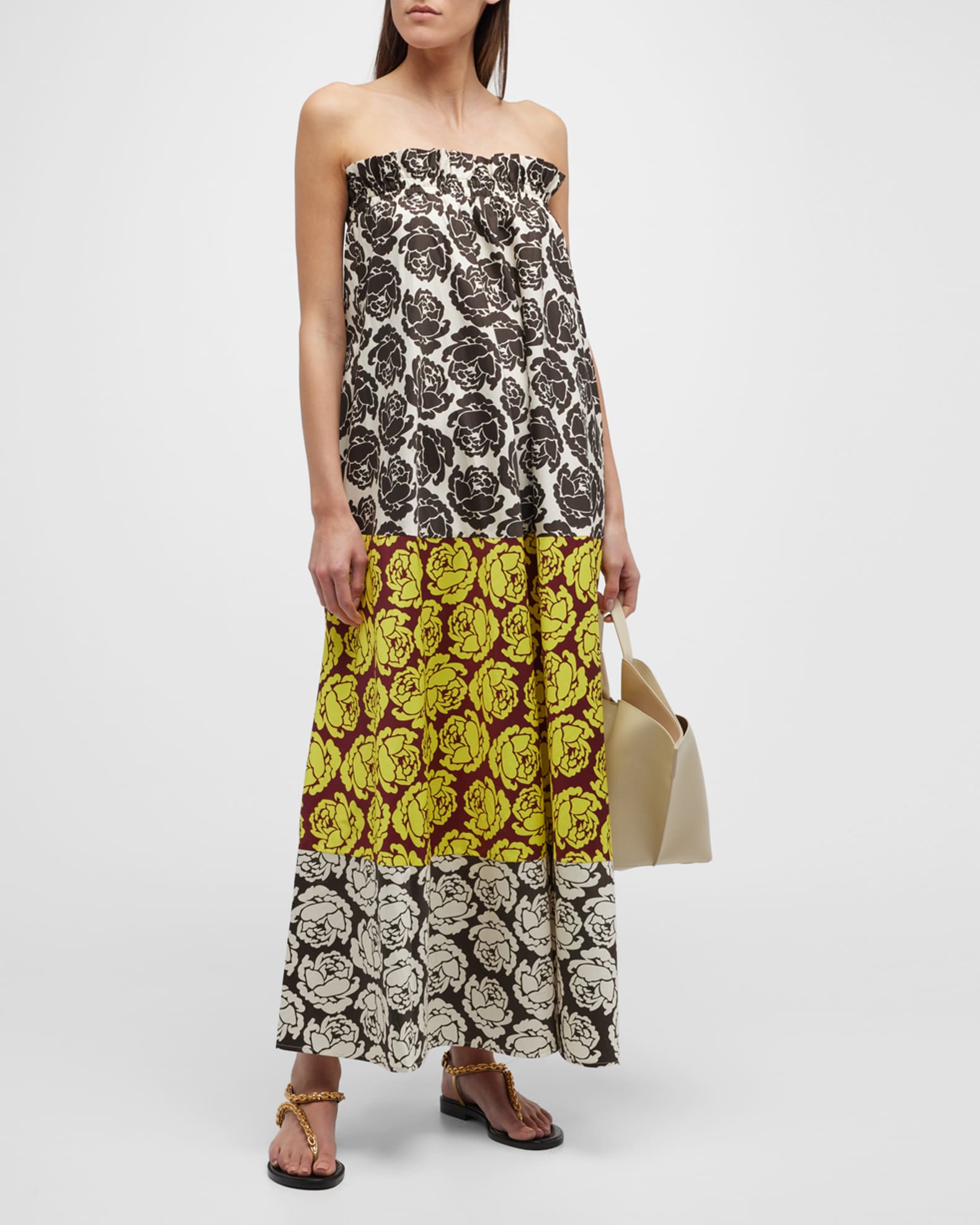 Tory Burch Colorblock Floral Strapless Maxi Dress | Neiman Marcus