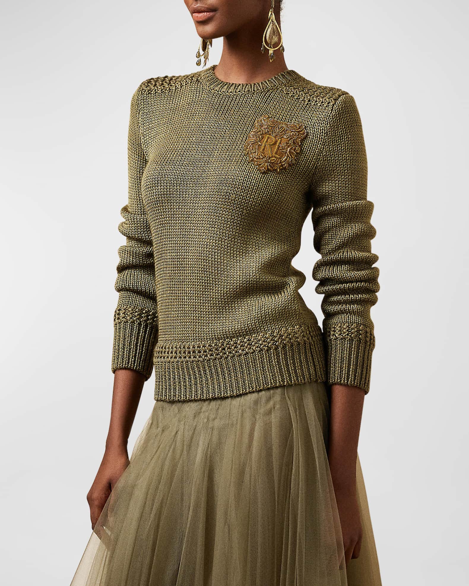 Ralph Lauren Collection Crest Patch Silk-Cashmere Sweater | Neiman Marcus