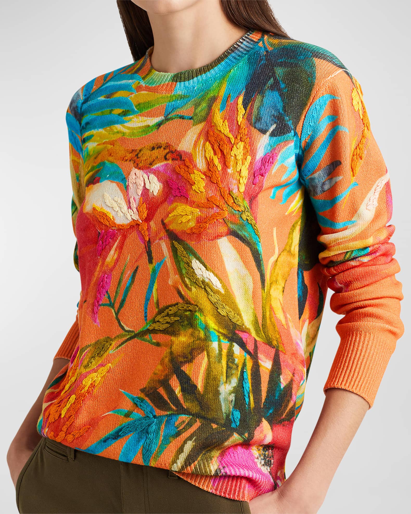 Ralph Lauren Collection Tropical-Print Embroidered Cashmere Sweater ...
