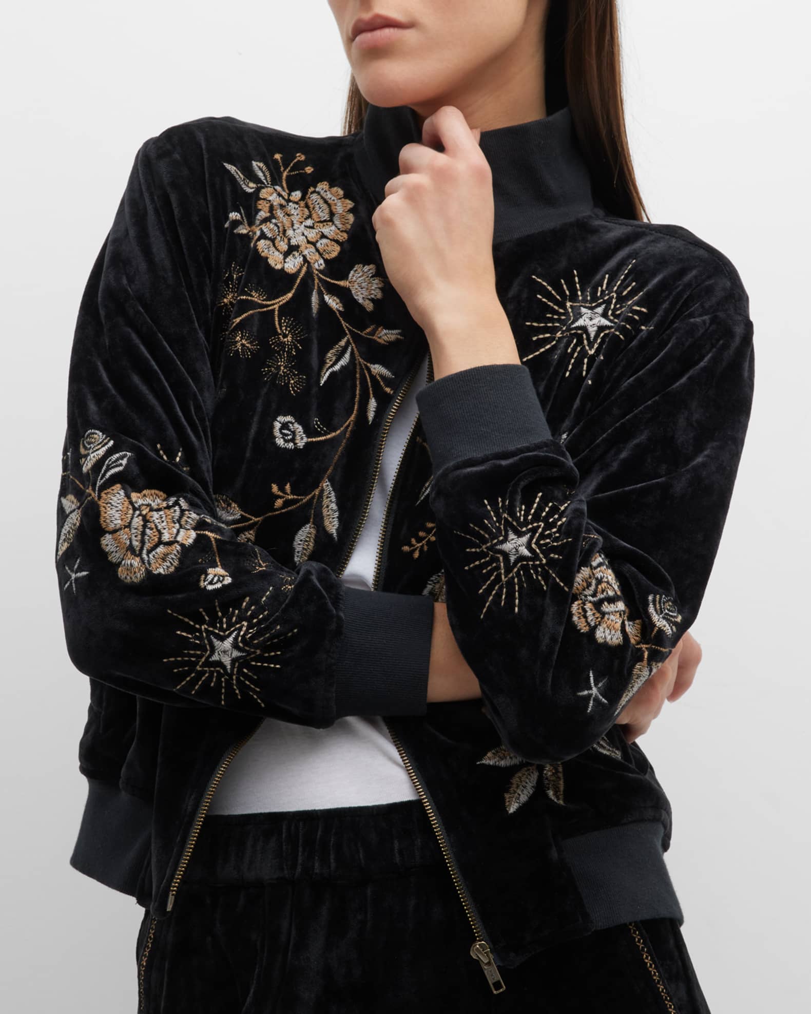 Johnny Was Ally Floral Star Embroidered Velour Track Jacket | Neiman Marcus