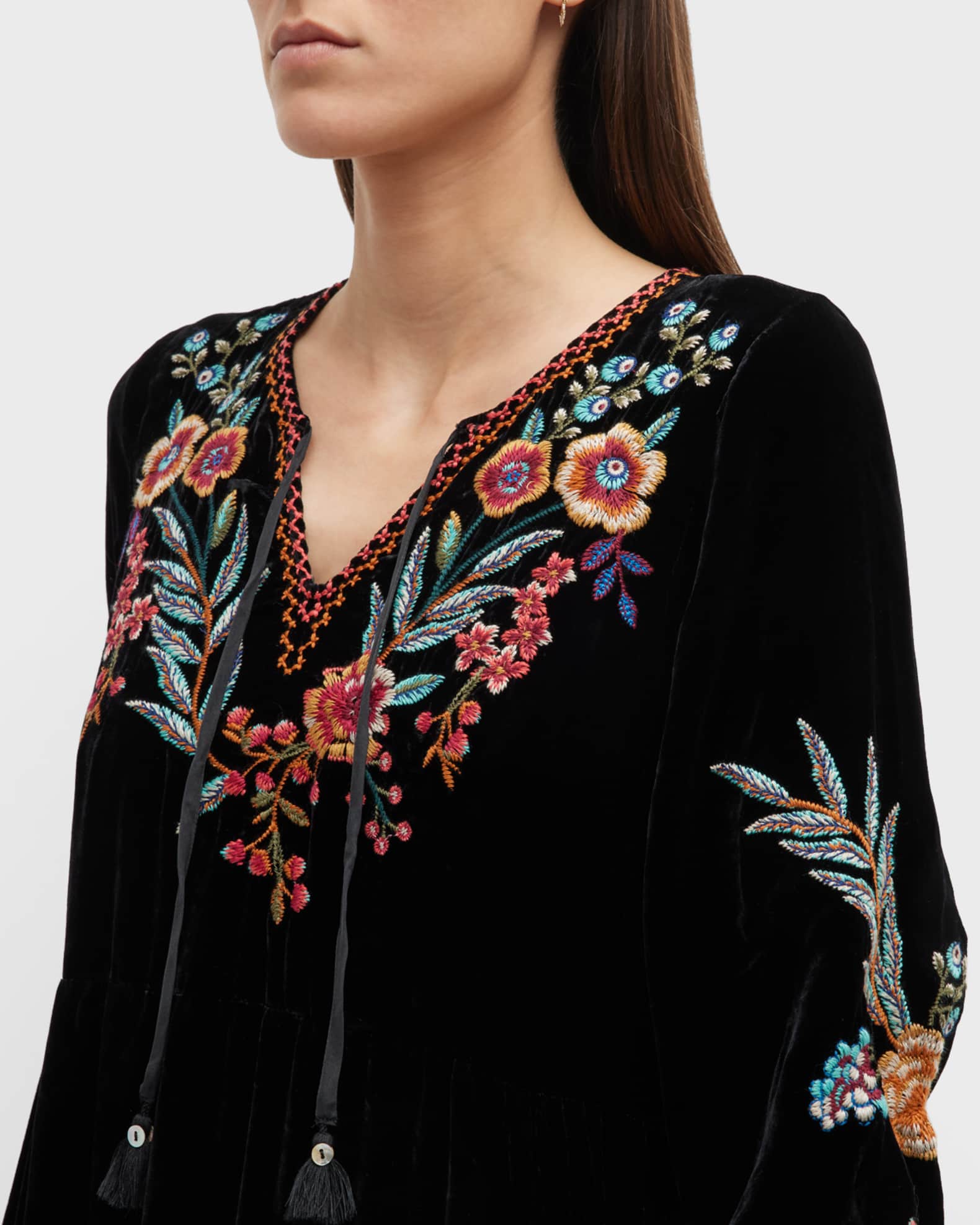 Johnny Was Ardell Floral Embroidered Velvet Boho Midi Dress | Neiman Marcus