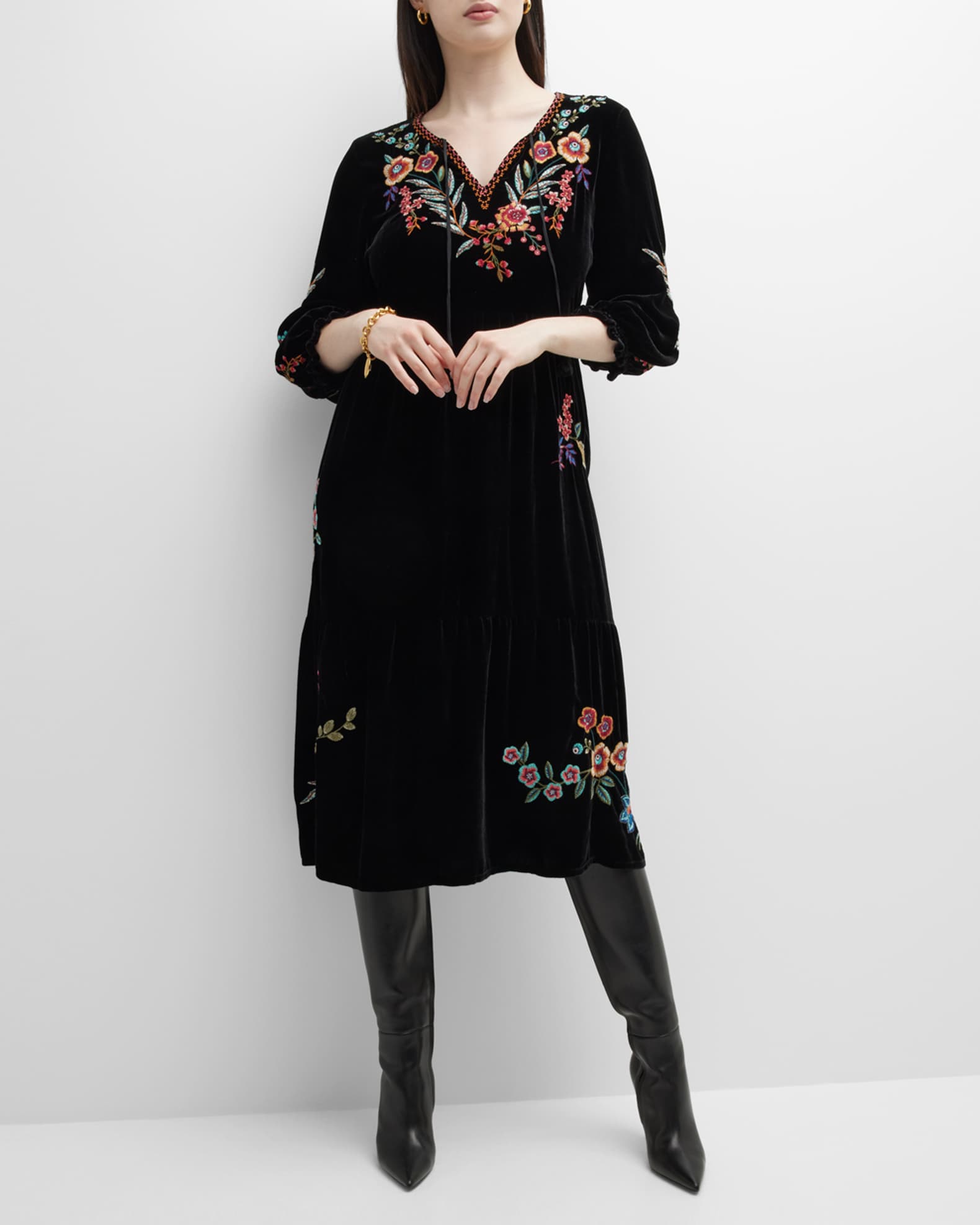Johnny Was Plus Size Ardelle Embroidered Velvet Midi Dress | Neiman Marcus